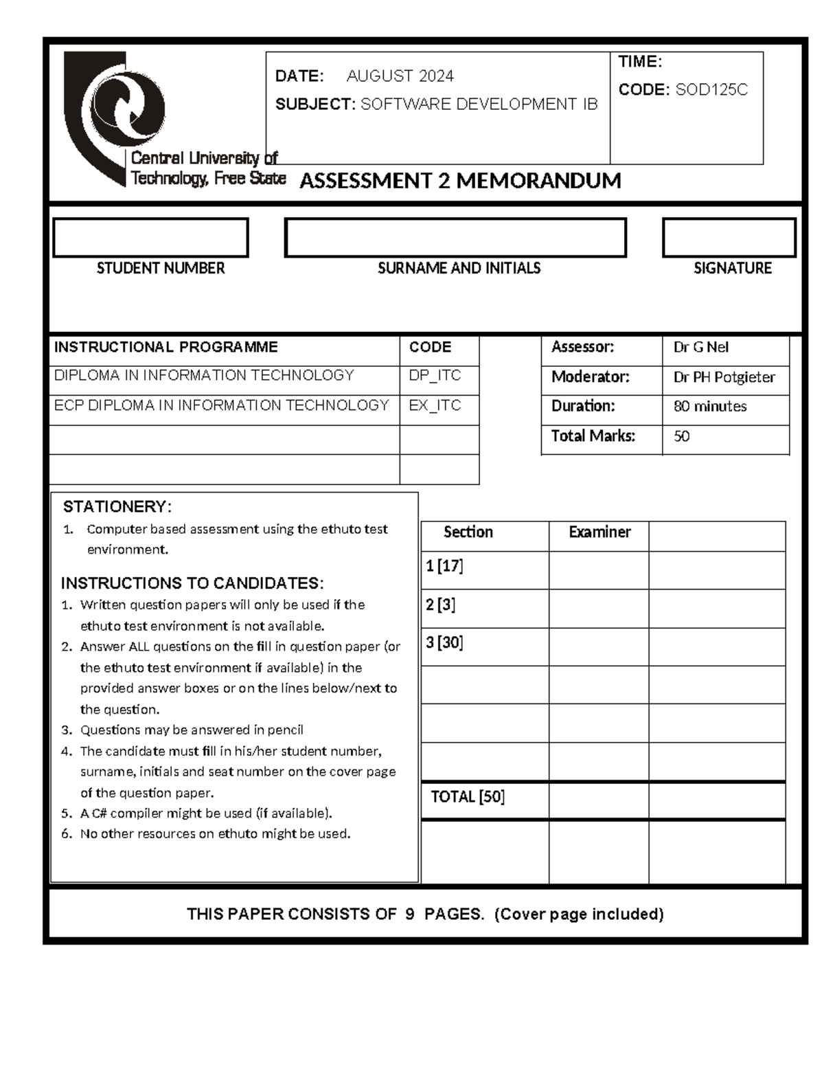 2024-SOD125C Software Development Assessment 2 Memo - Studocu