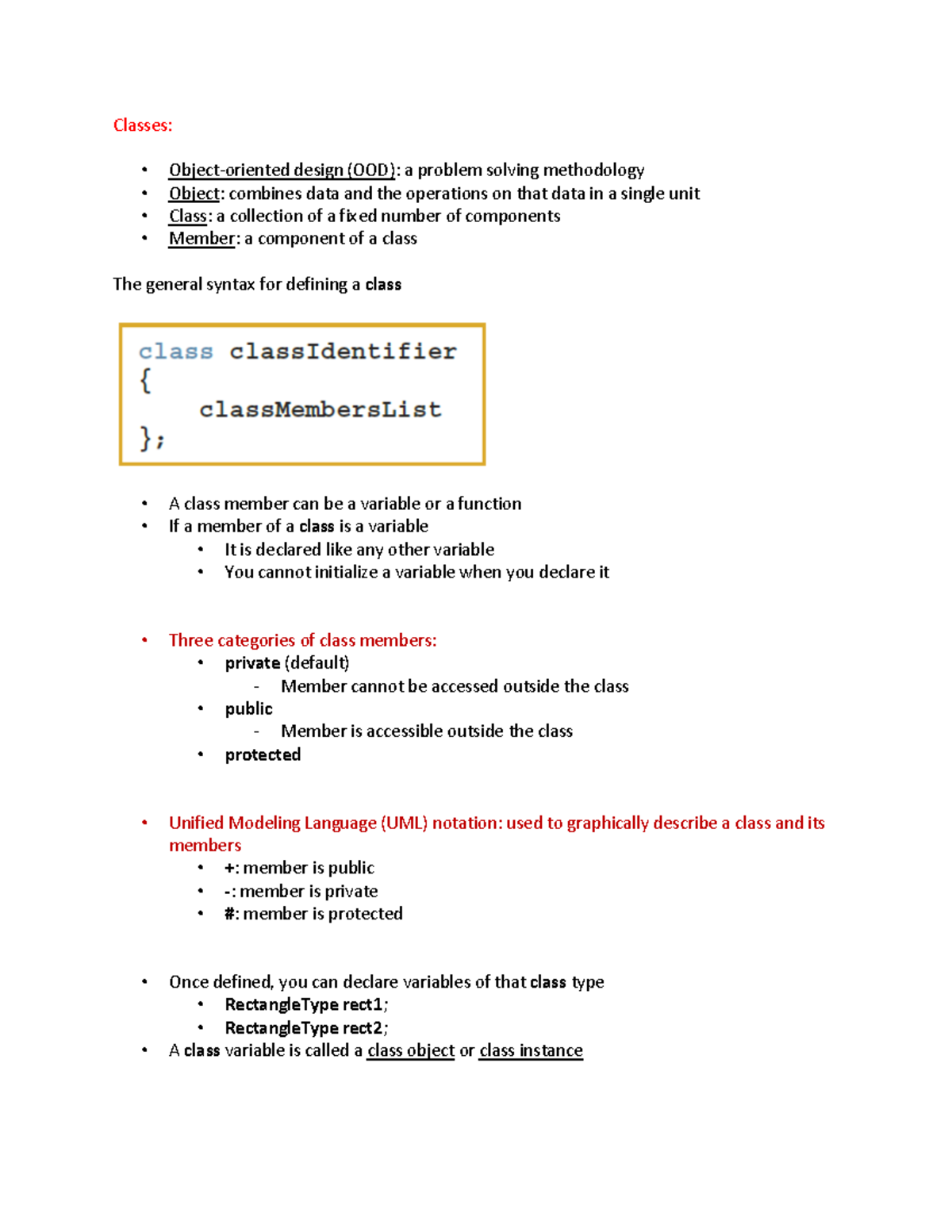 CS202 Midterm Exam Review: Object-Oriented Programming Concepts - Classes: - Object-oriented ...
