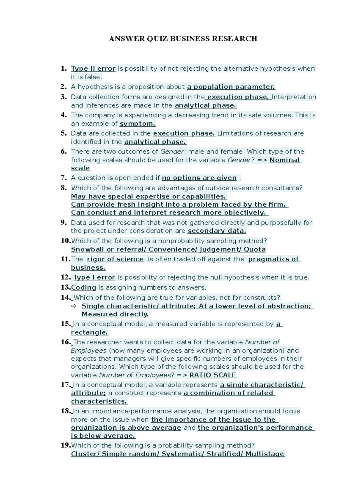 Answer QUIZ Business Research - ANSWER QUIZ BUSINESS RESEARCH 1. Type ...