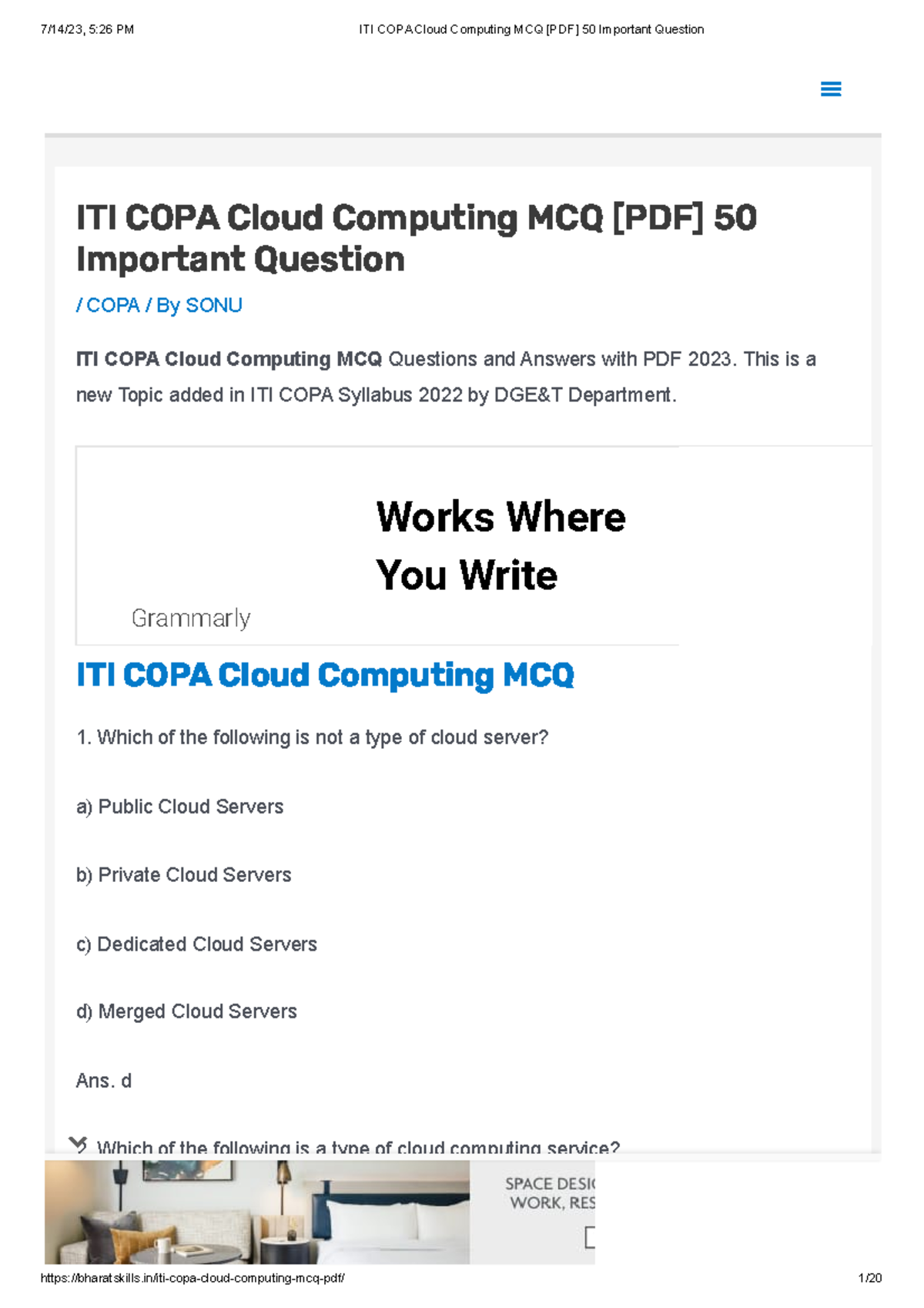 ITI COPA Cloud Computing MCQs [PDF] - 50 Essential Questions for 2023 - Studocu