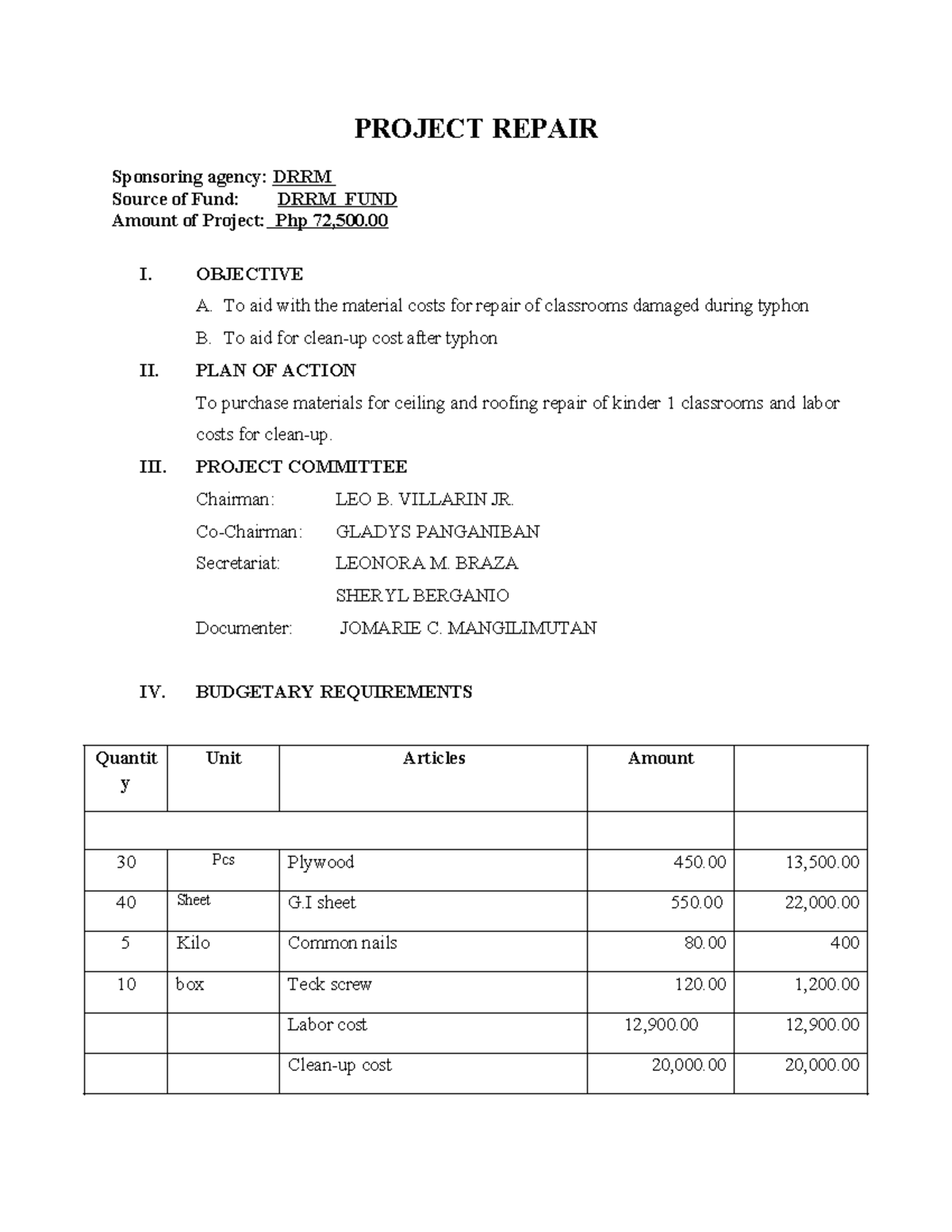 Project Repair Proposal: DRRM Fund Allocation for Classroom Restoration ...