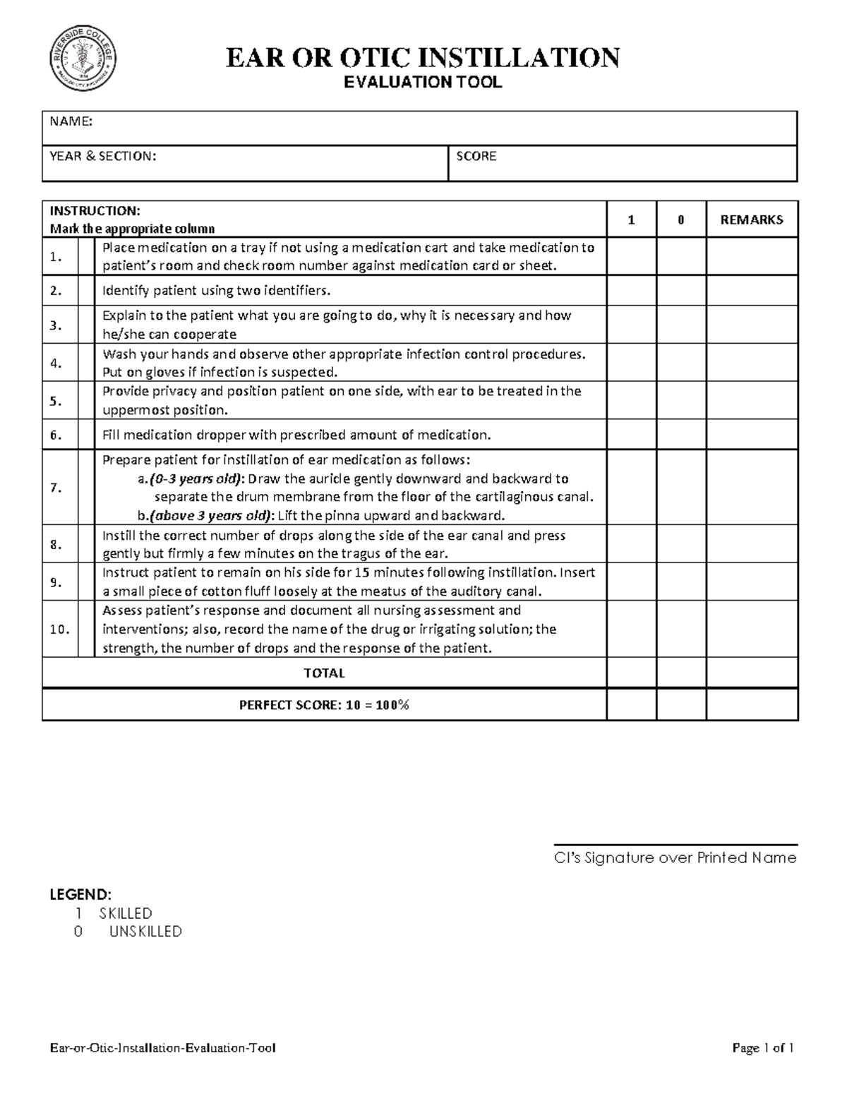 Ear Or Otic Instillation Evaluation Tool Ear Or Otic Instillation