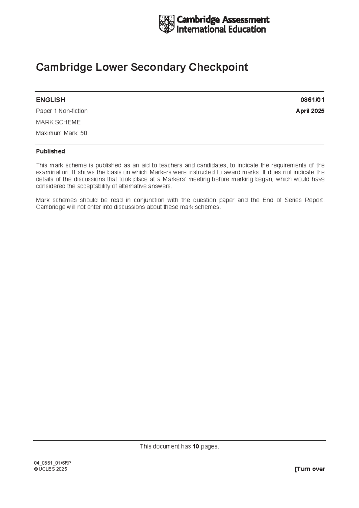Cambridge Lower Secondary Checkpoint ENGLISH Paper 1 Mark Scheme April ...