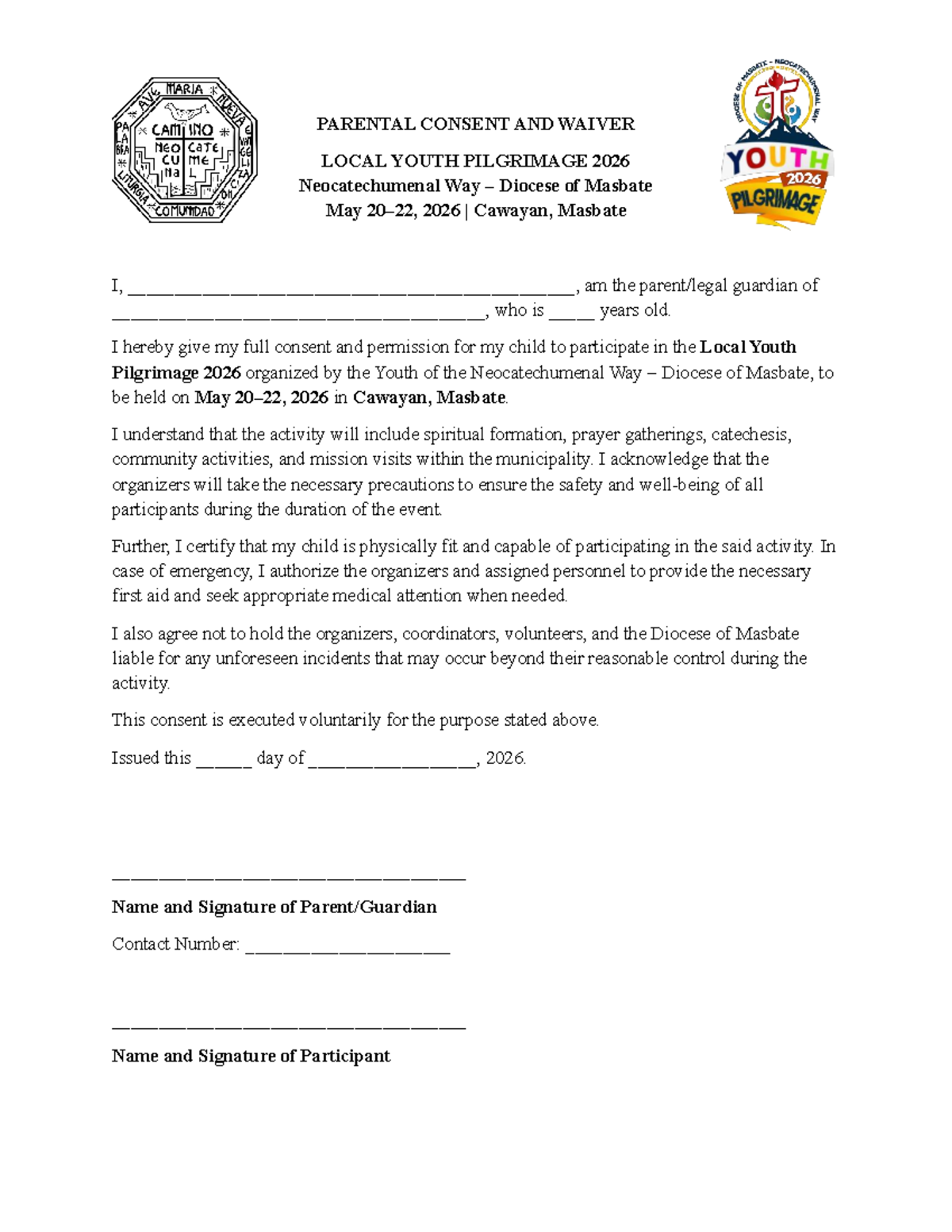 Parental Consent & Waiver for Local Youth Pilgrimage 2026 - Studocu