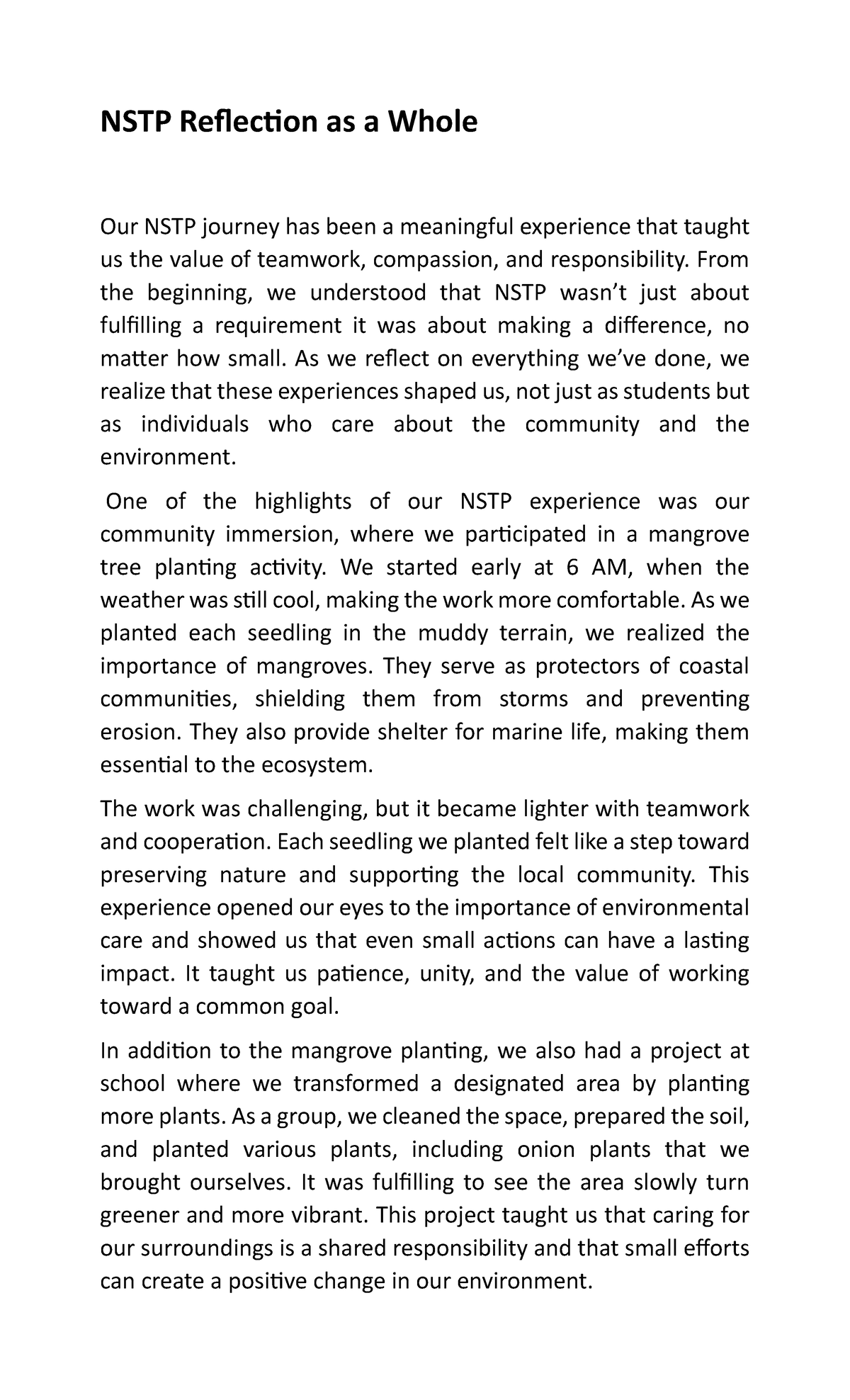 NSTP Reflection: Lessons on Teamwork and Environmental Care - Studocu