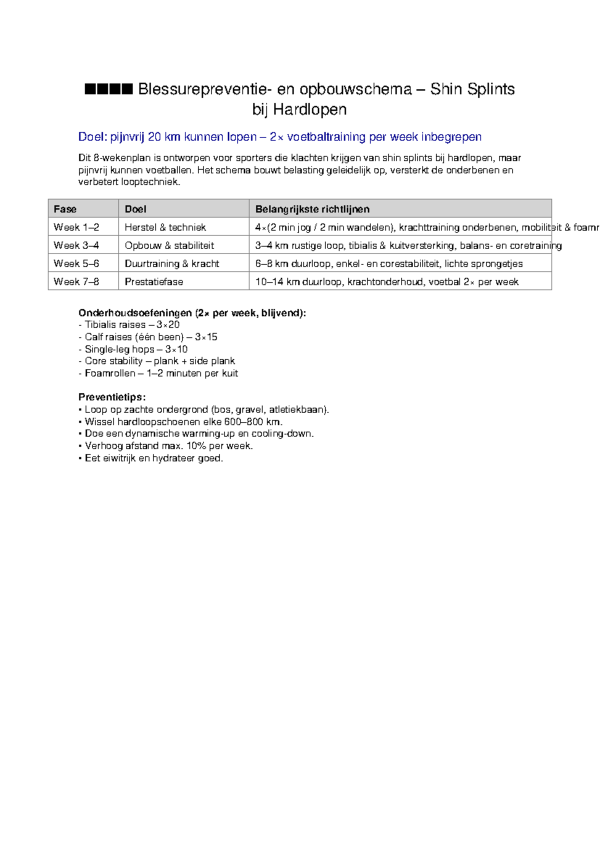 Shin Splints Hardloop Schema: Pijnvrij 20 km Training Plan - Studeersnel