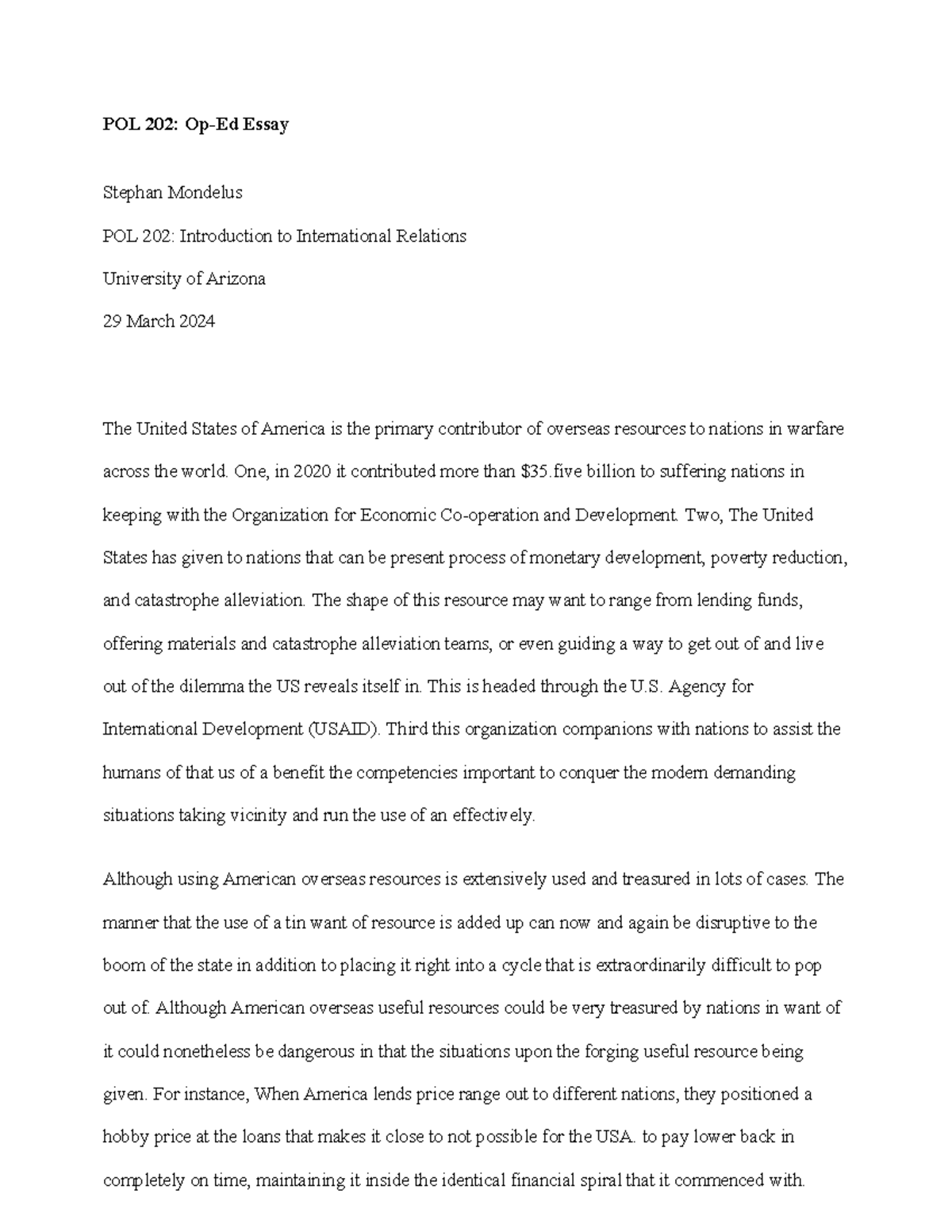 POL 202 - Op Ed Draft Essay - POL 202: Op-Ed Essay Stephan Mondelus POL ...