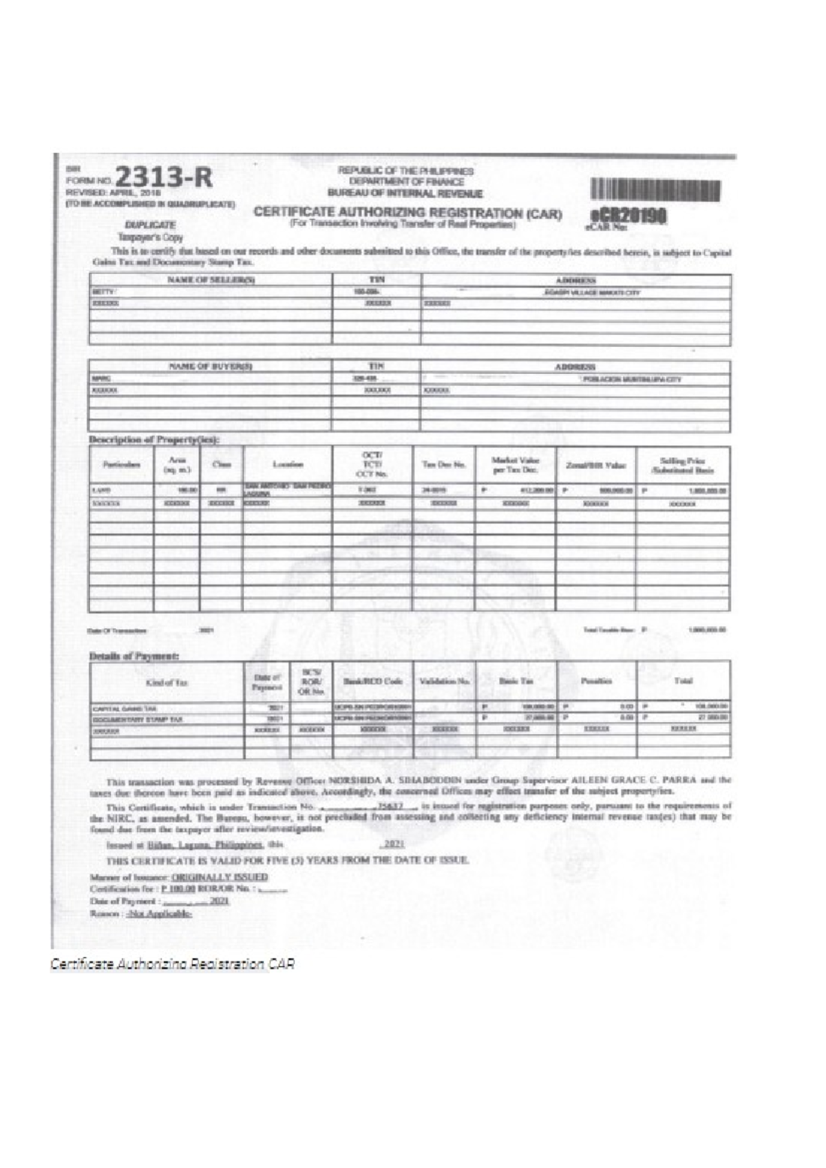 Certificate Authorizing Registration (CAR) Sample - Philippines - Studocu