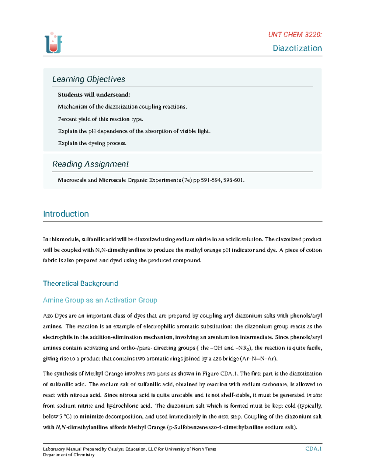 Pre-Lab Notes & Procedure for UNT CHEM 3220: Diazotization Experiment ...