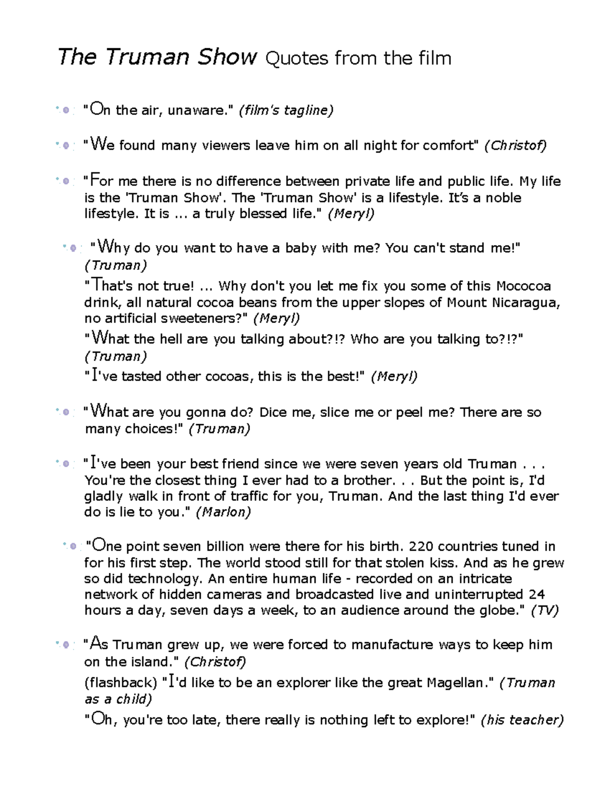 The Truman Show Quotes Compilation: Notable Lines from the Film - Studocu