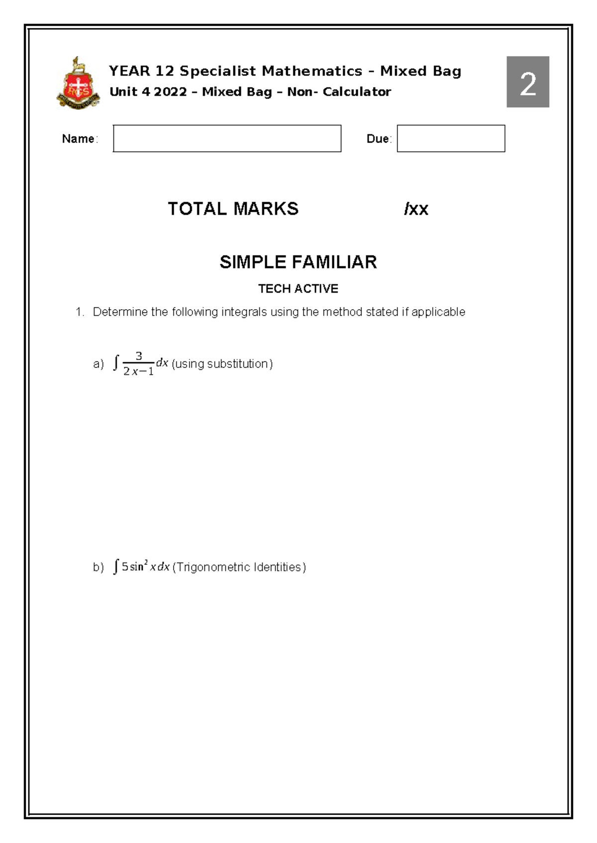YEAR 12 Specialist Mathematics Unit 4 Mixed Bag - No Tech (002) - Studocu