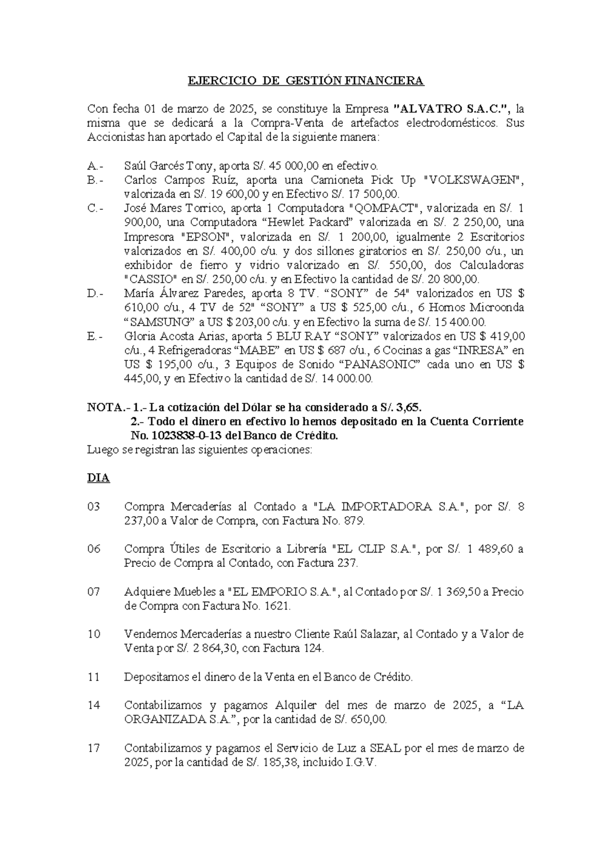EJERCICIO DE GESTIÓN FINANCIERA - Análisis de Aportes y Operaciones ...