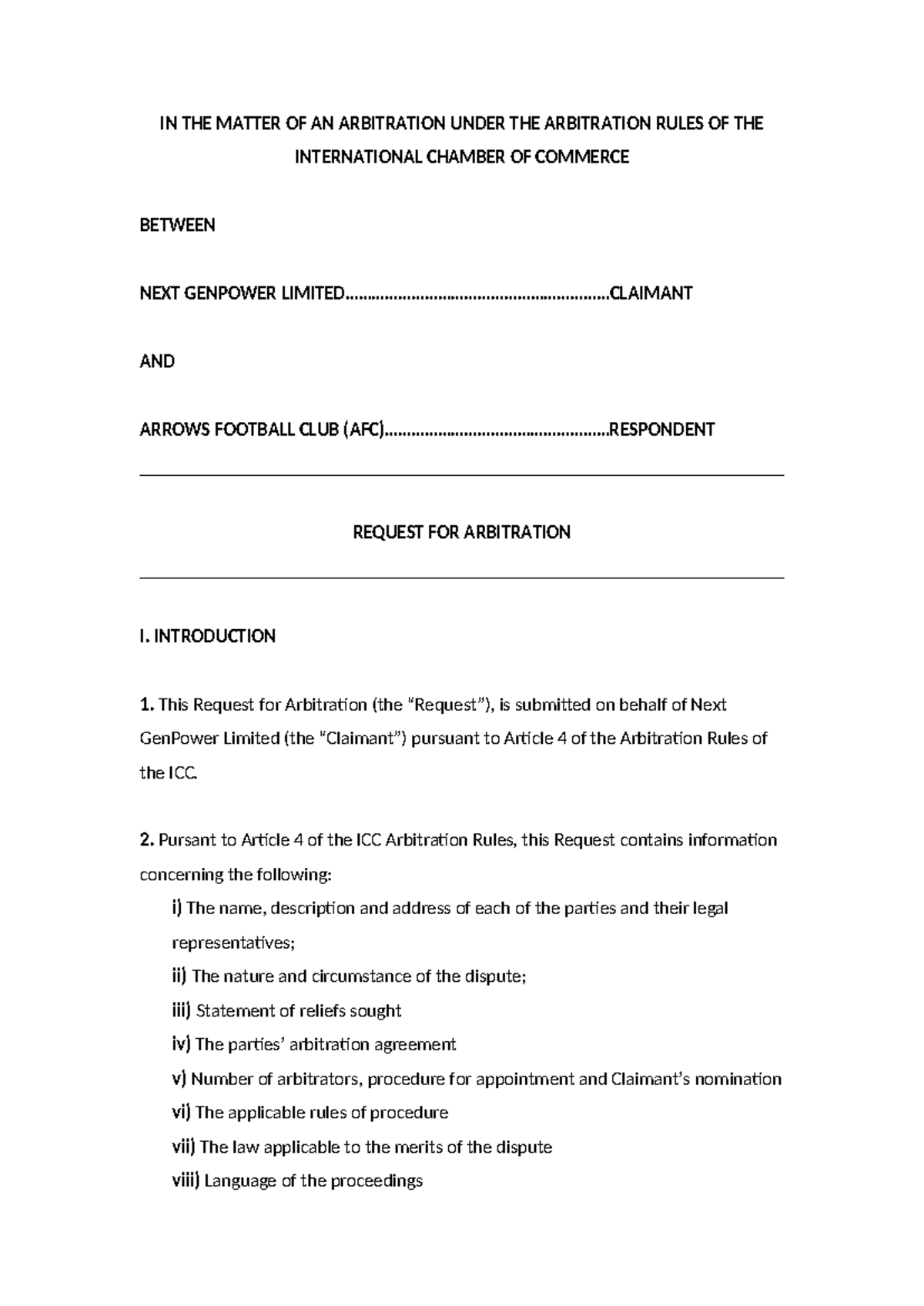 Request for Arbitration: Next GenPower vs. Arrows FC (ICC) - Studocu