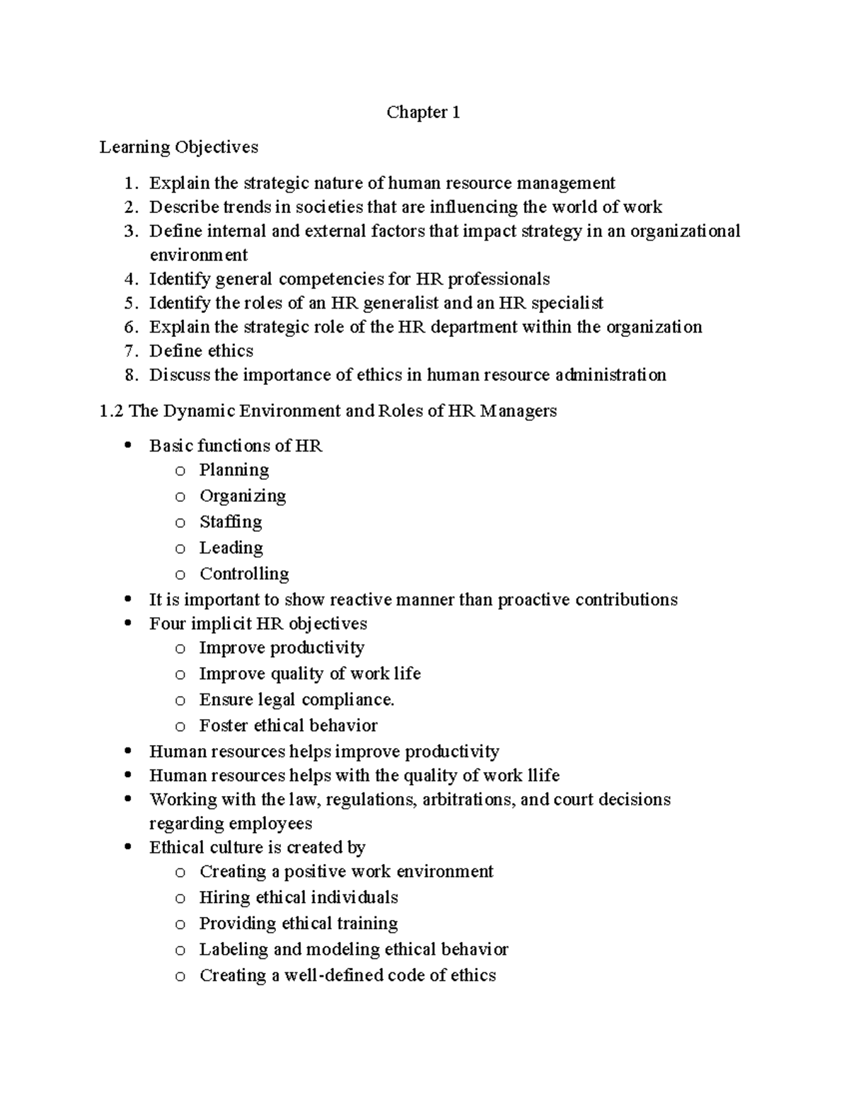 Notes for HR book - Chapter 1 Learning Objectives 1. Explain the ...