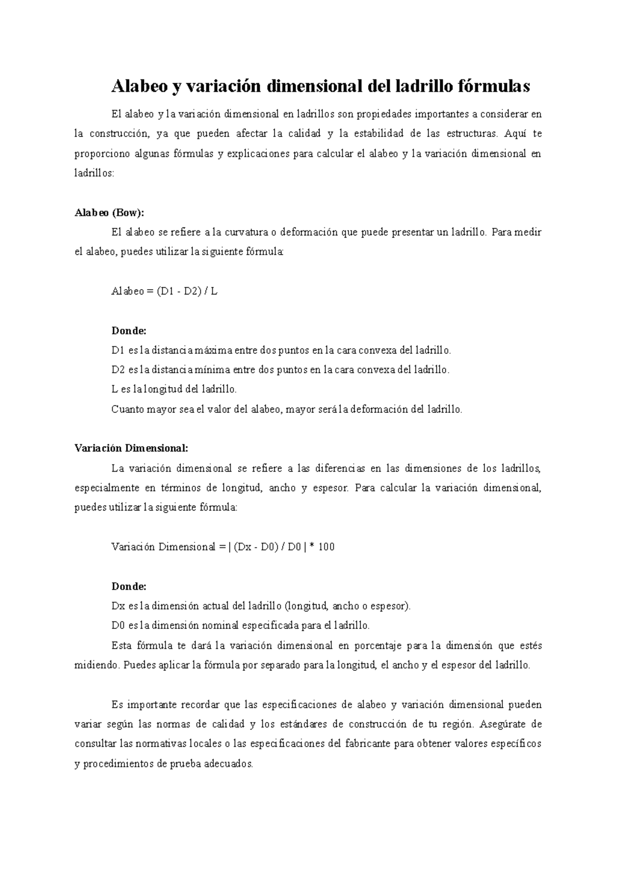 Fórmulas para Alabeo y Variación Dimensional del Ladrillo - Studocu