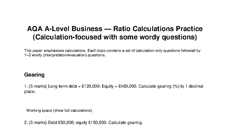 AQA A Level Business Ratio Analysis Practice Questions - Studocu