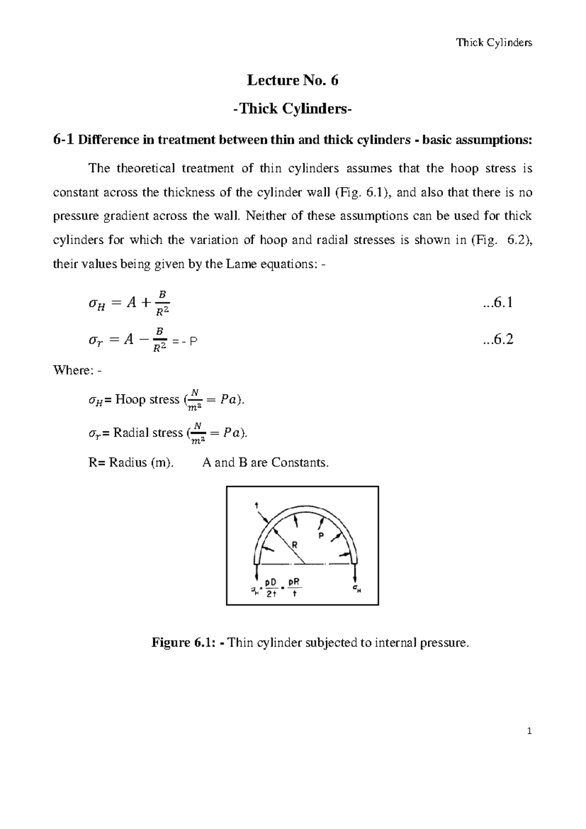 Thick Cylinders Lecture Notes - Stress Analysis and Comparisons - Studocu