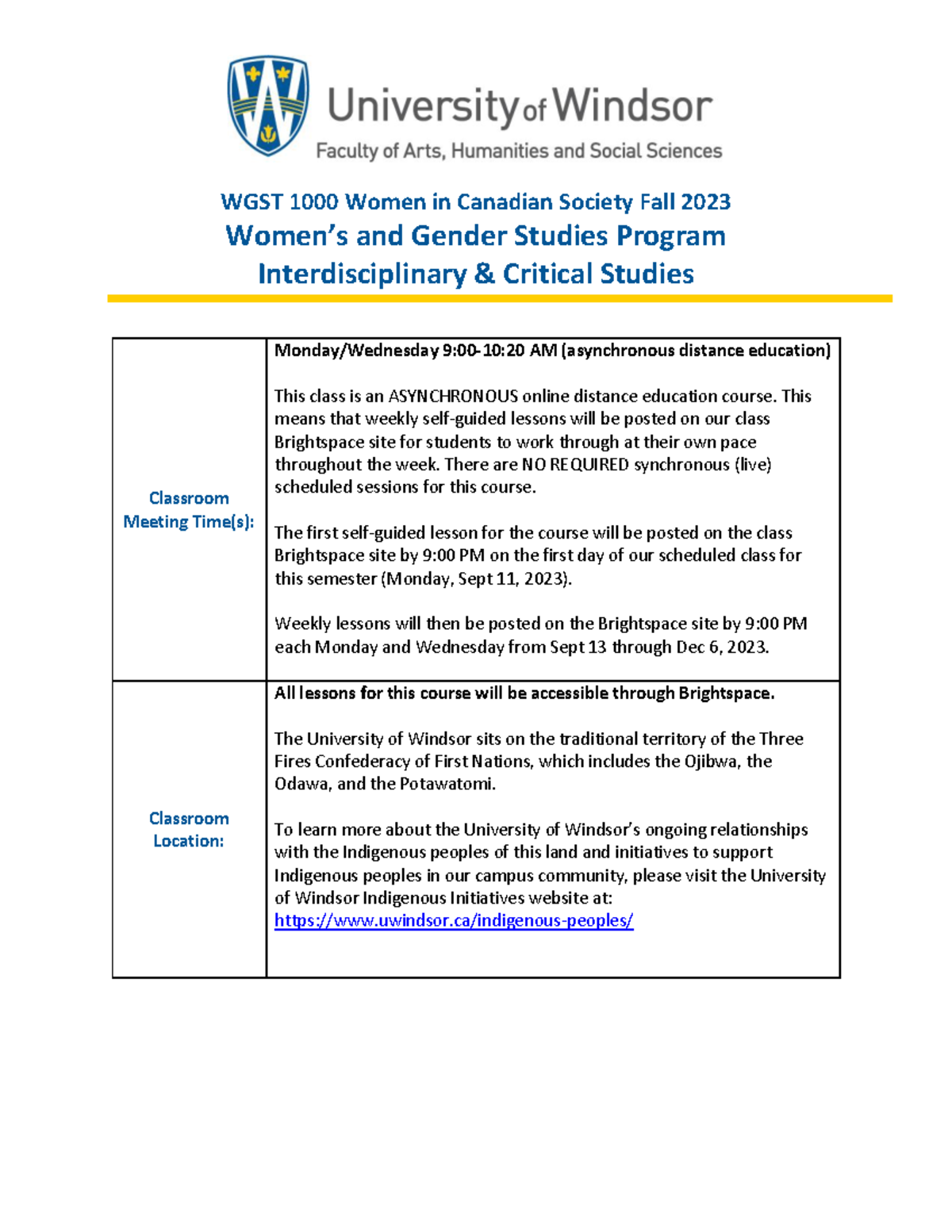 WGST 1000 Syllabus: Women in Canadian Society Fall 2023 Overview - Studocu