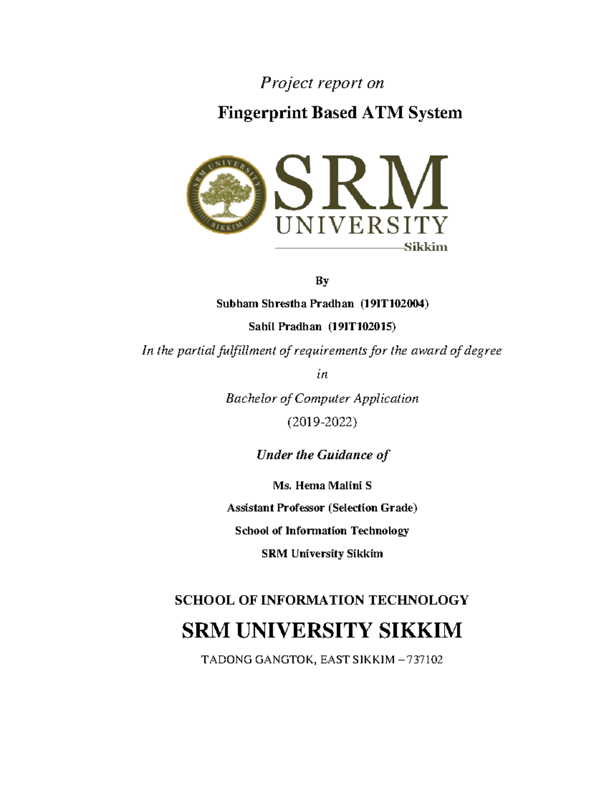 Fingerprint Based ATM System Project Report (19IT102004, 19IT102015 ...