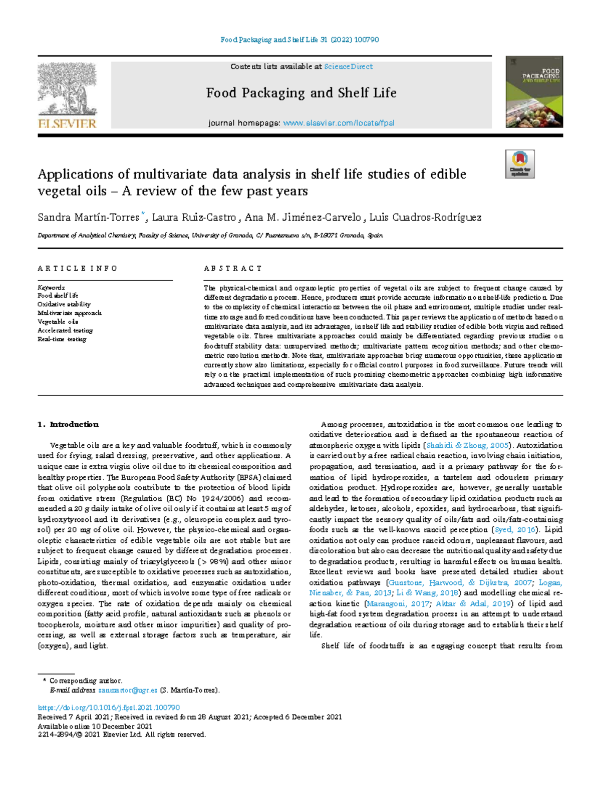 Applications of Multivariate Data Analysis in Shelf Life Studies of ...