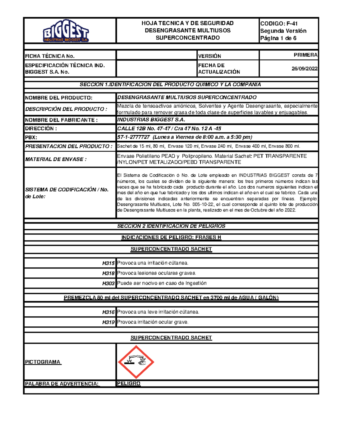 Ficha Técnica de Seguridad: Desengrasante Multiusos FDS - F-2 - Studocu