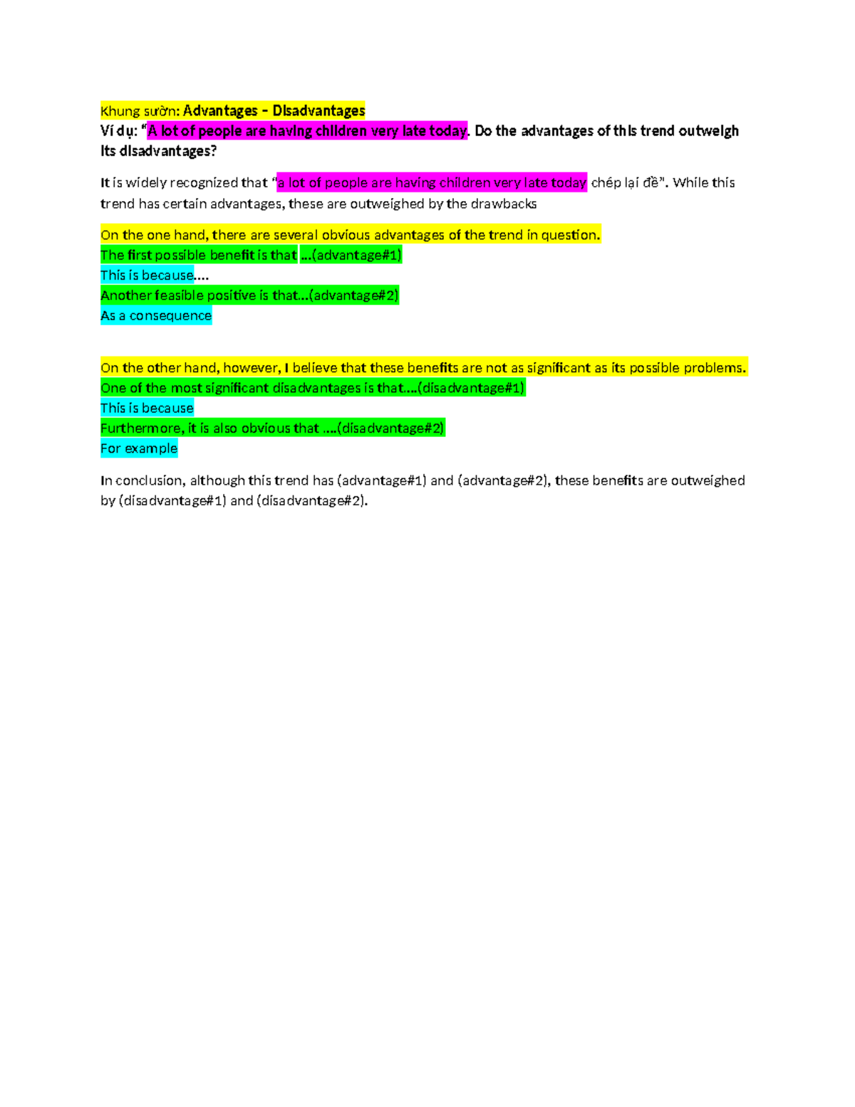 WT2 - Advantages and Disadvantages Framework for Late Parenthood - Studocu