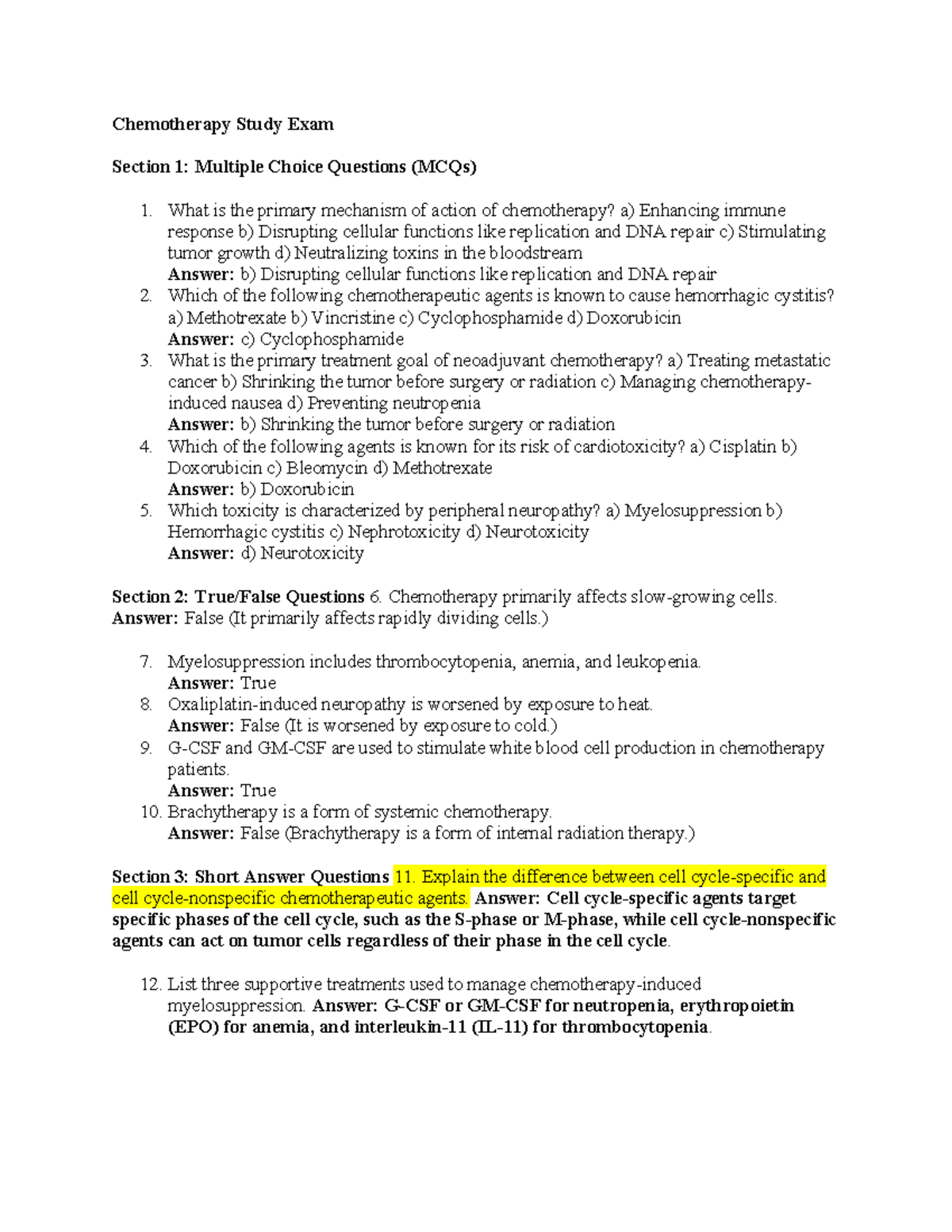 Chemotherapy Study Exam: MCQs, Short Answers & Case Studies - Studocu
