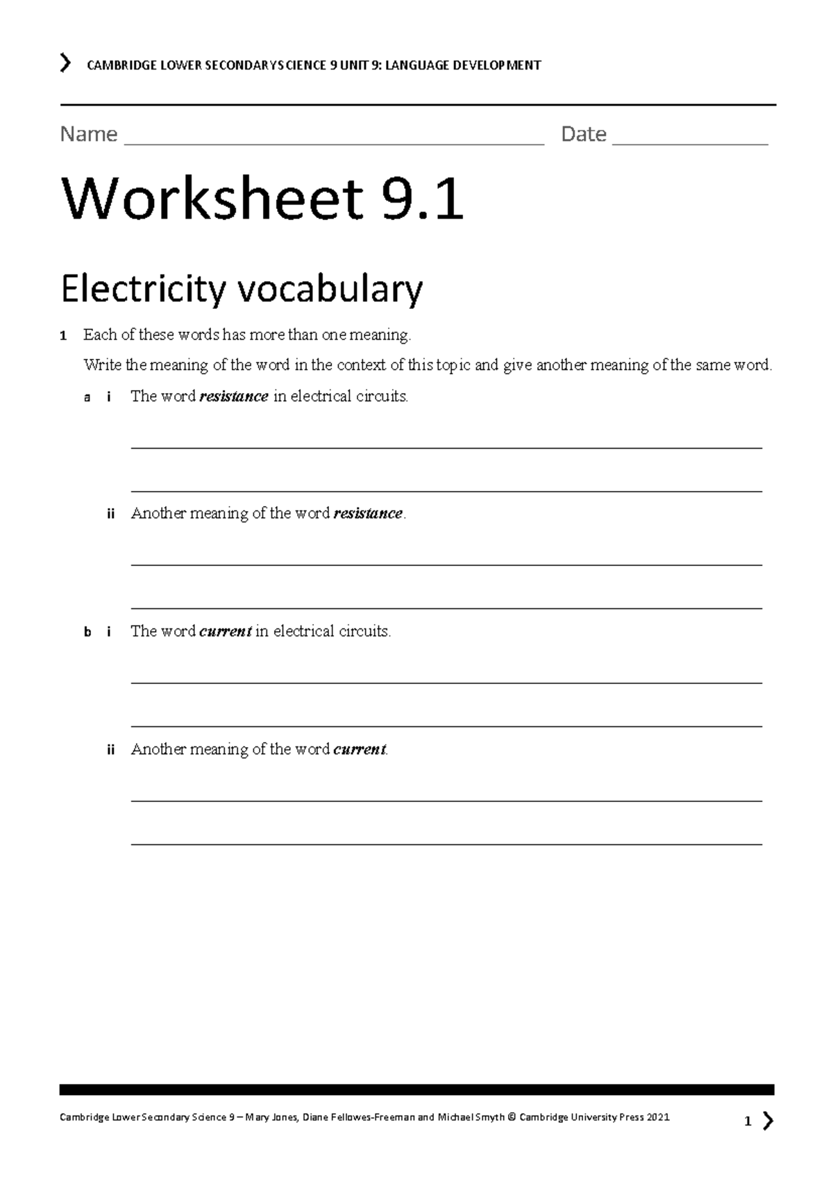 S9 U9 Electricity Vocabulary & Circuit Worksheets - Studocu