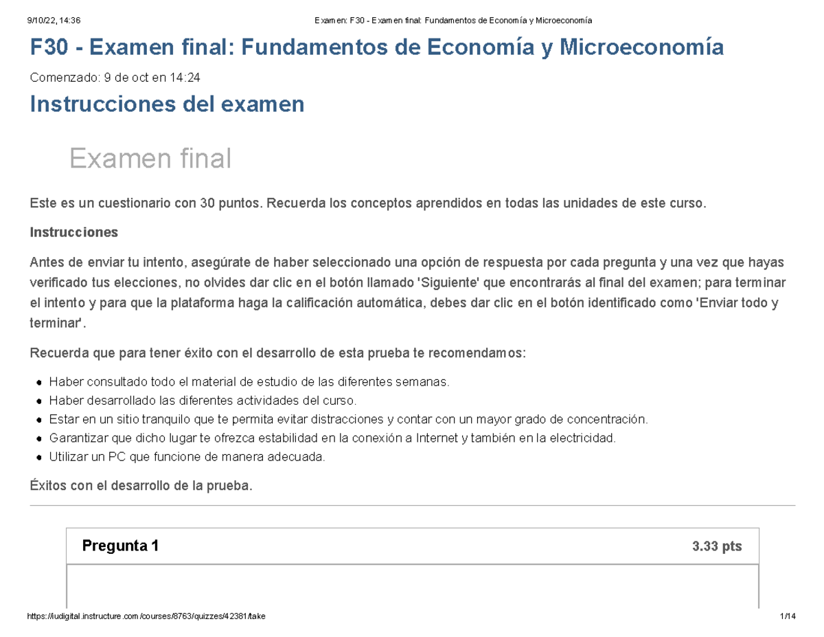Examen F30 - Final Exam Fundamentos de Economía y Microeconomía - Studocu
