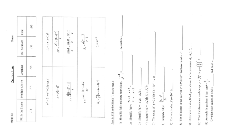 MCR 3U Practice Exam 1: Fill in the Blanks & Multiple Choice Solutions ...