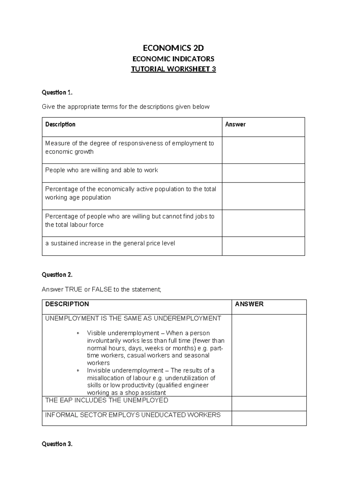 ECONOMICS 2D TUTORIAL WORKSHEET 2: ECONOMIC INDICATORS ANALYSIS - Studocu