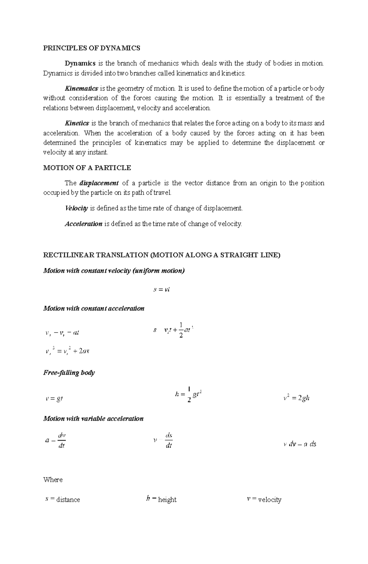 Dynamics: Principles of Motion and Kinematics (Course Code: DYN101 ...