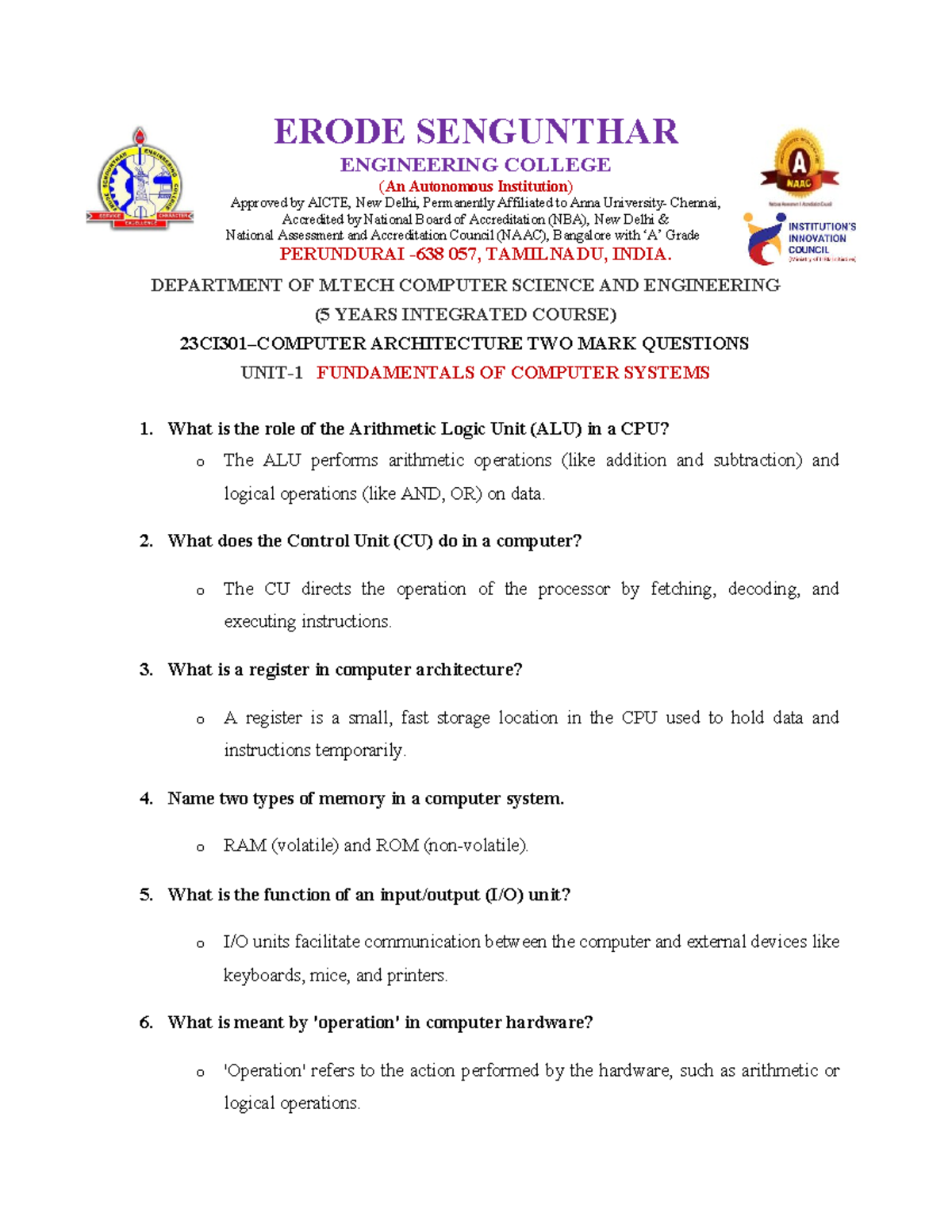 CA M.TECH CSE Two Mark Questions - Fundamentals of Computer Systems ...