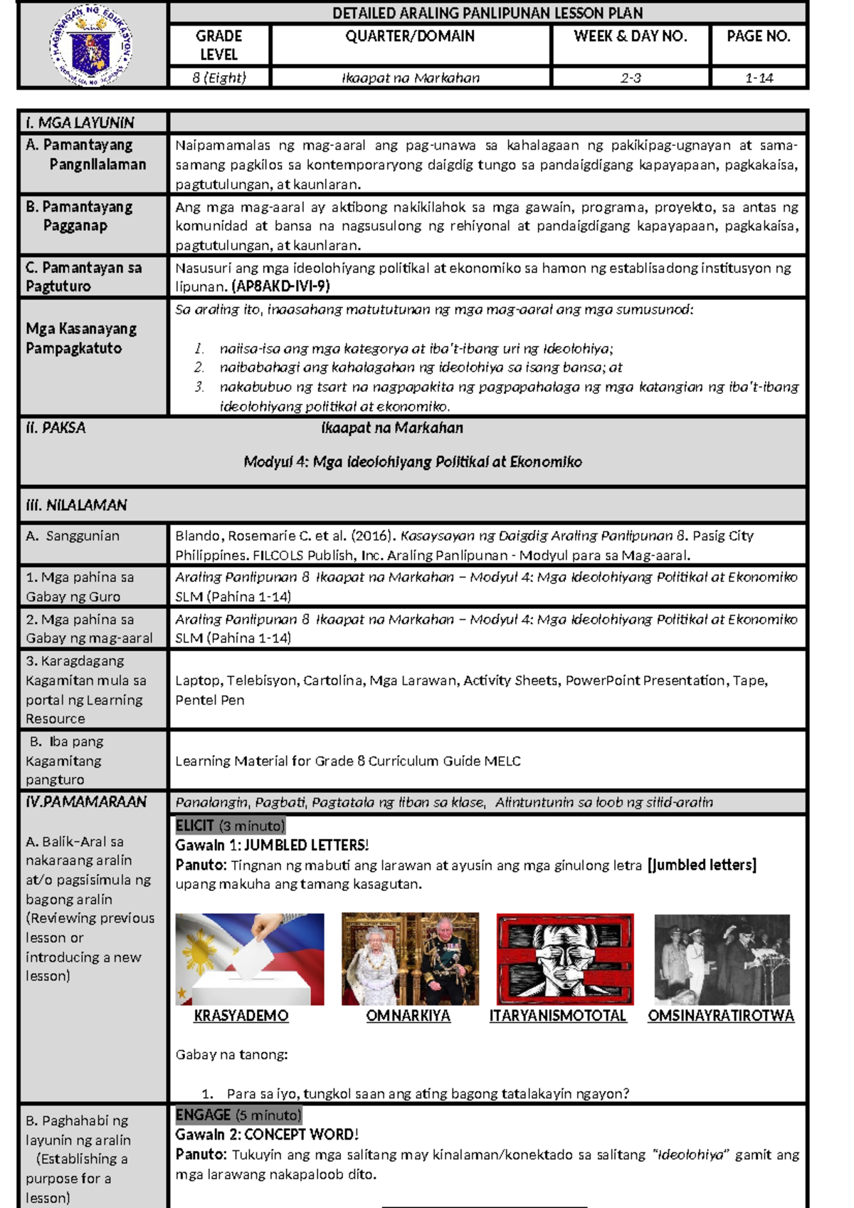 Araling Panlipunan 8 Final Lesson Plan: Ideolohiyang Politikal at ...