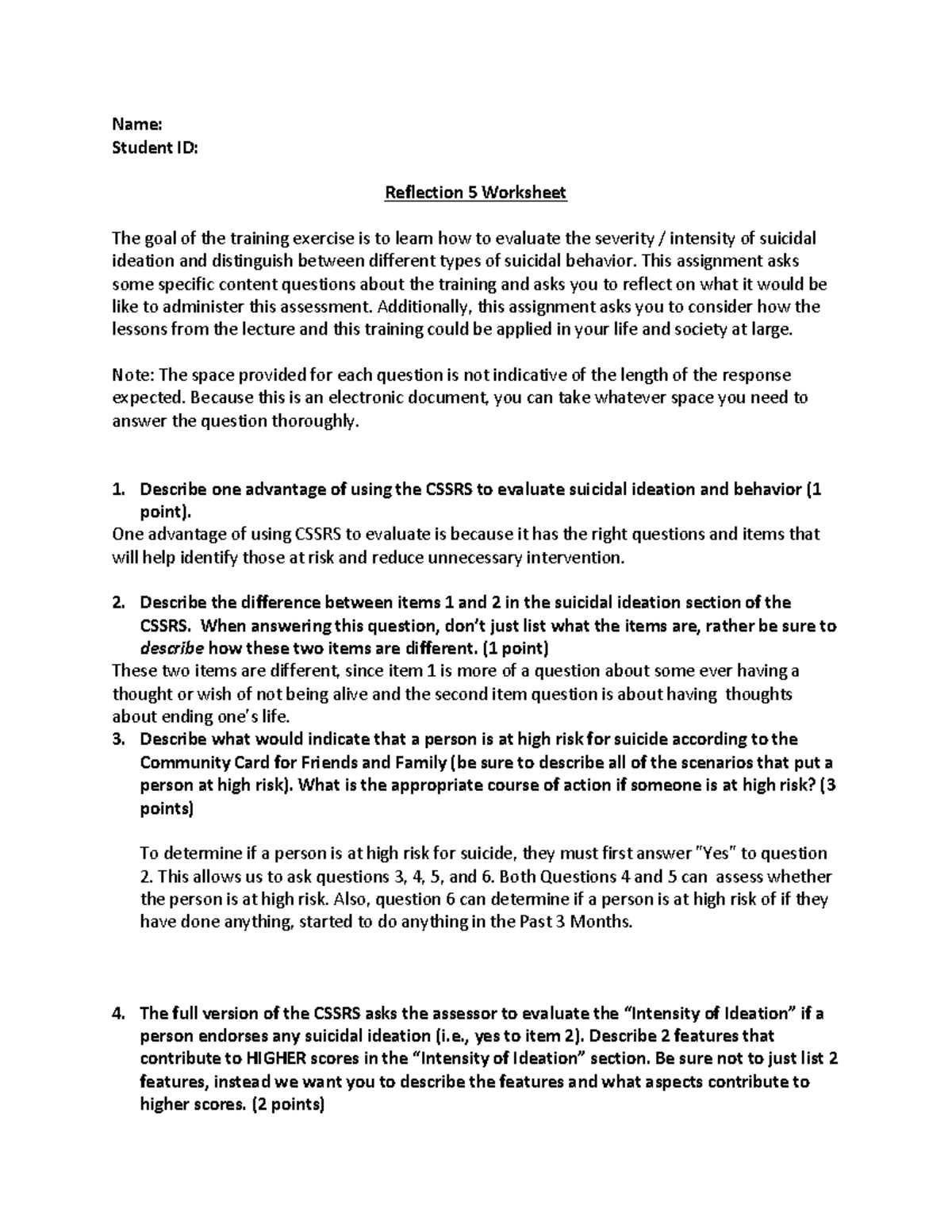 PSY 101: Reflection 5 Worksheet on Suicidal Ideation Assessment - Studocu