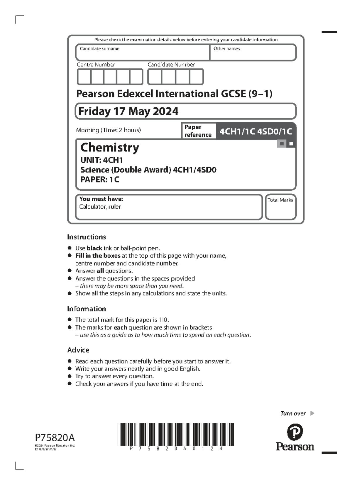 Chemistry 4CH1 Past Paper - June 2024 Examination Details - Studocu