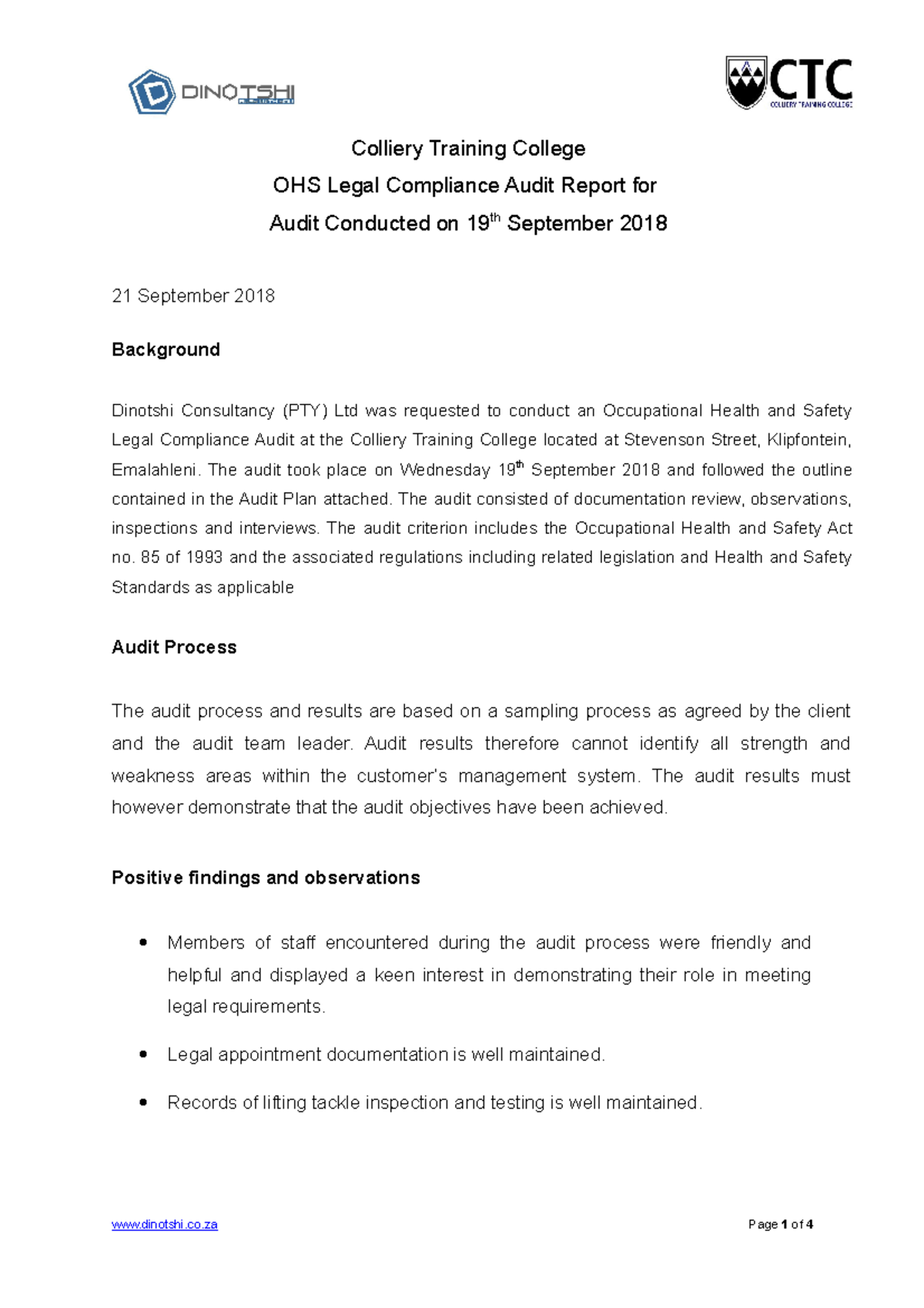 CTC OHS Legal Compliance Audit Report - September 2018 Findings - Studocu