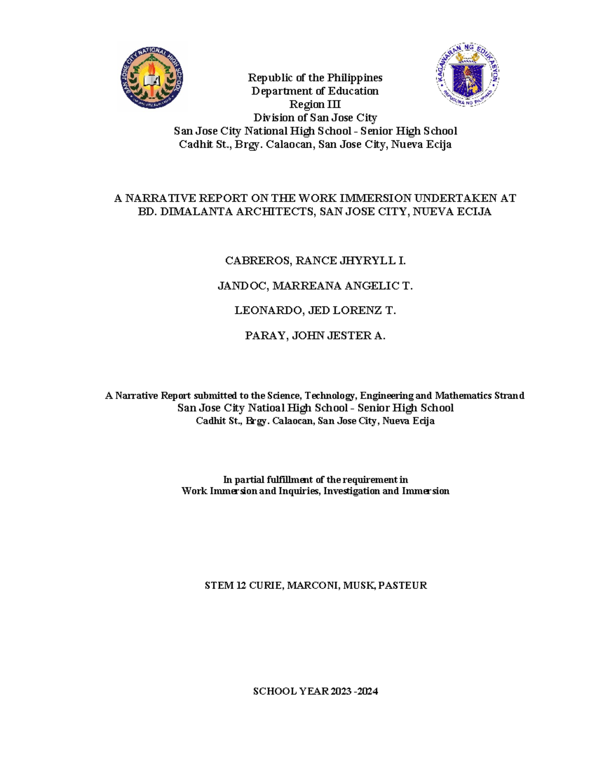 Narrative Report on Work Immersion at BD. Dimalanta Architects - STEM ...