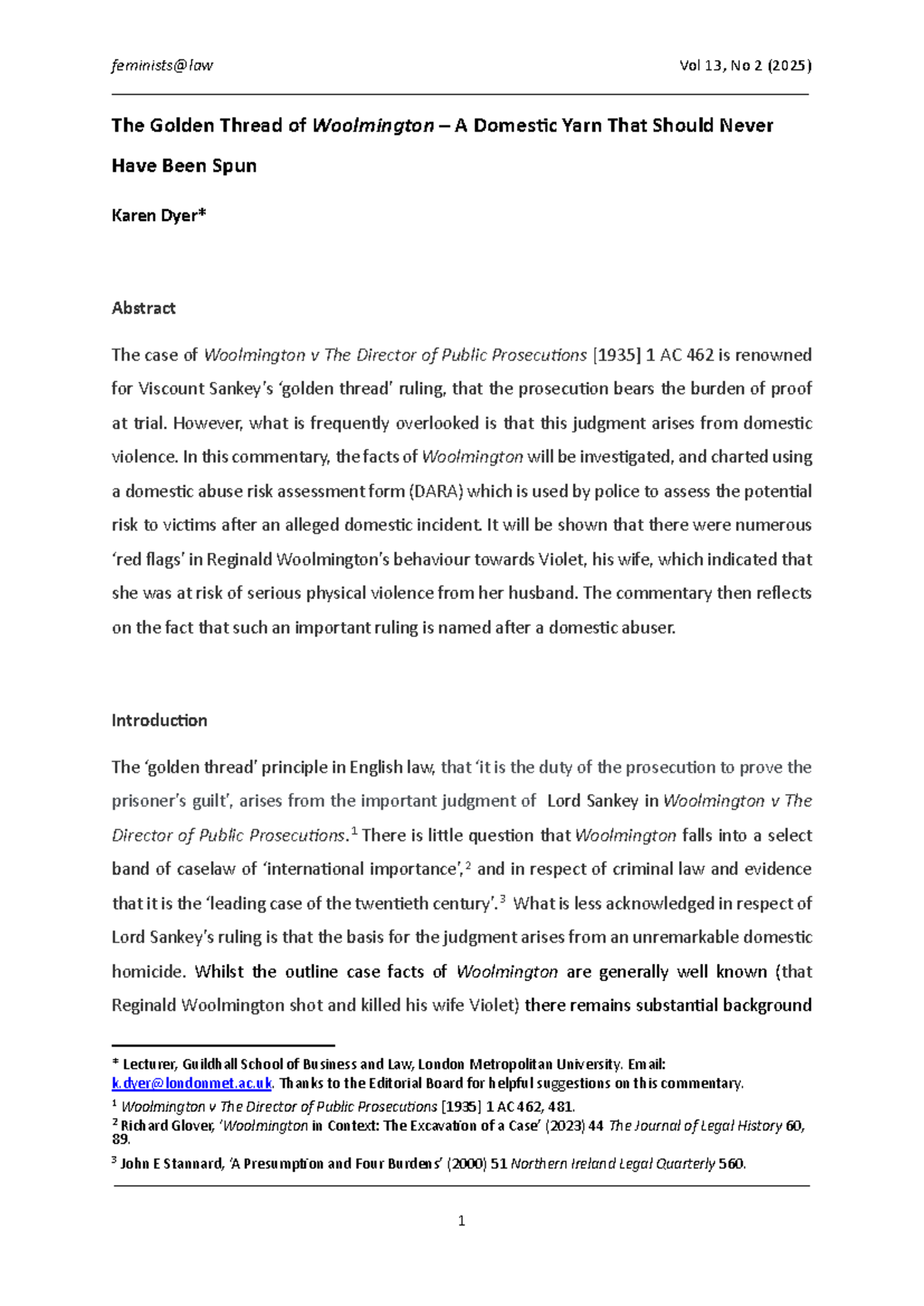 Woolmington v DPP: A Domestic Abuse Analysis and Risk Assessment - Studocu