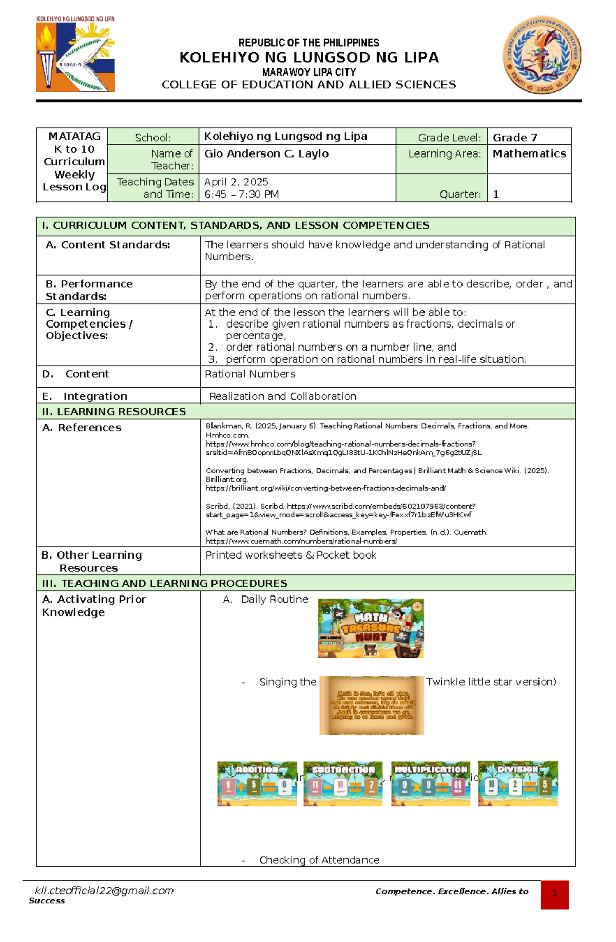 G7 Mathematics Lesson Exemplar: Understanding Rational Numbers - Studocu