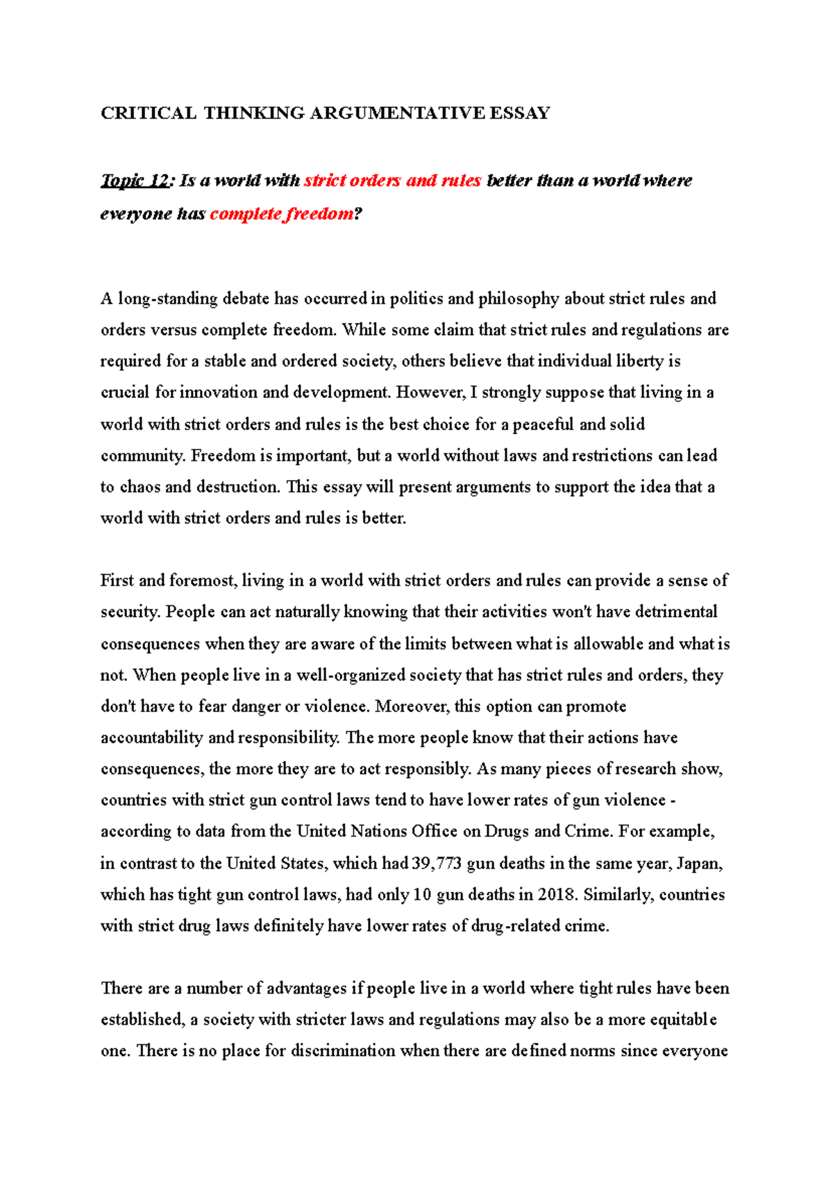 Critical Thinking Argumentative Essay: Order vs. Freedom Debate - Studocu
