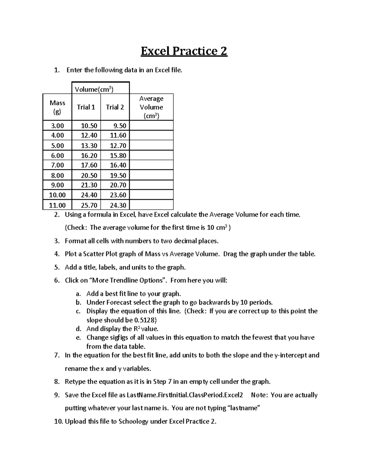 Excel Practice 2: Graphing Mass vs Average Volume in Excel - Studocu