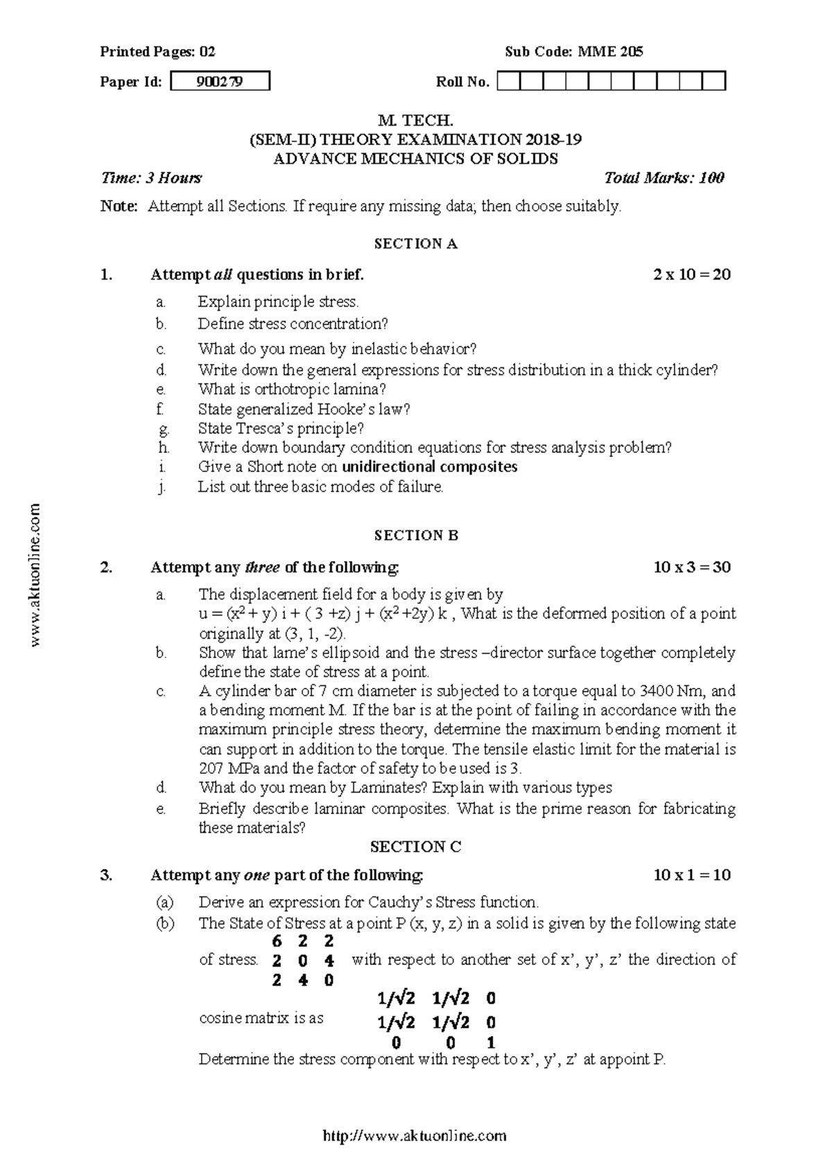 M. TECH. 2nd Sem Final Exam Notes: Advance Mechanics of Solids (MME 205 ...
