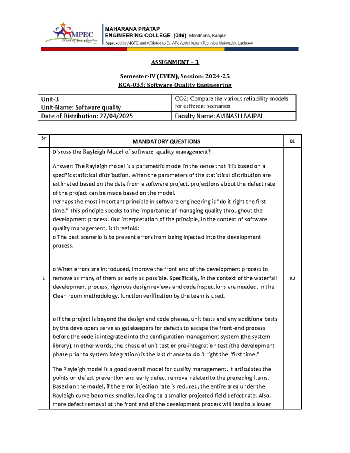 Software Quality Engineering (SQA) Assignment 3: Reliability Models ...
