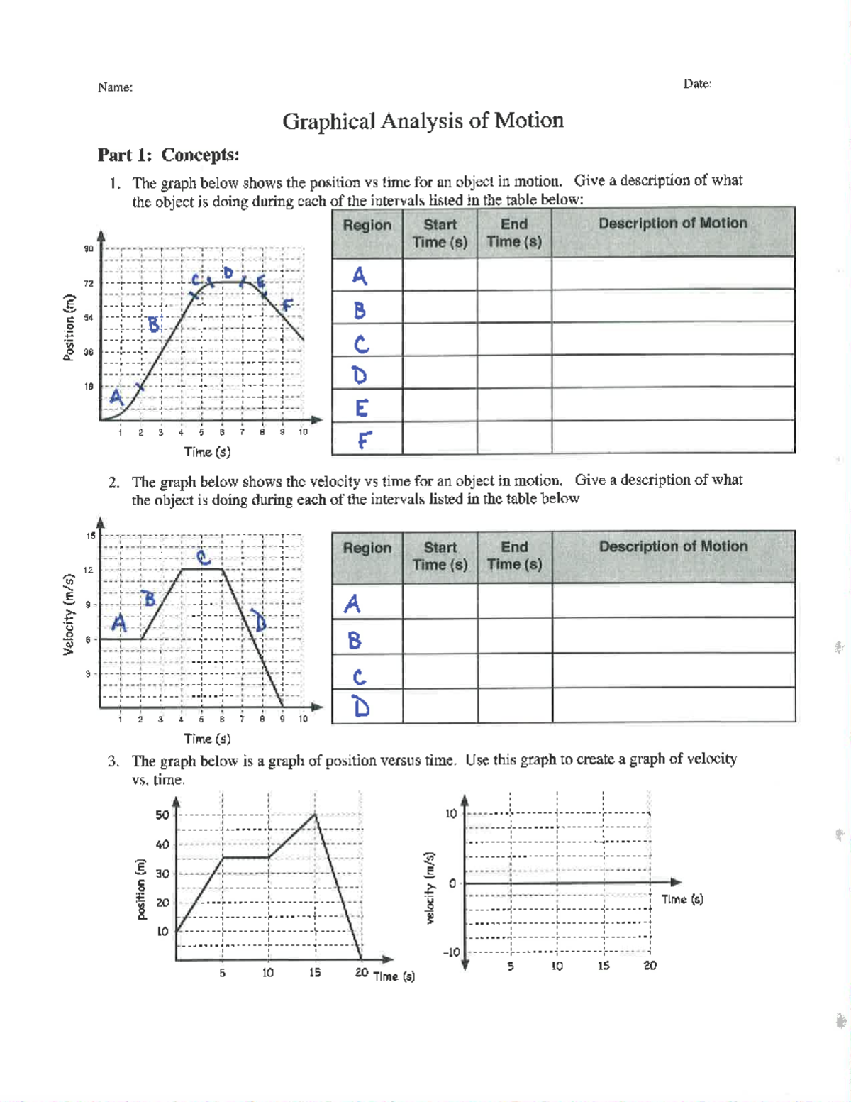 Graphical Analysis of Motion and KEY - Name: Date: Graphical Analysis ...