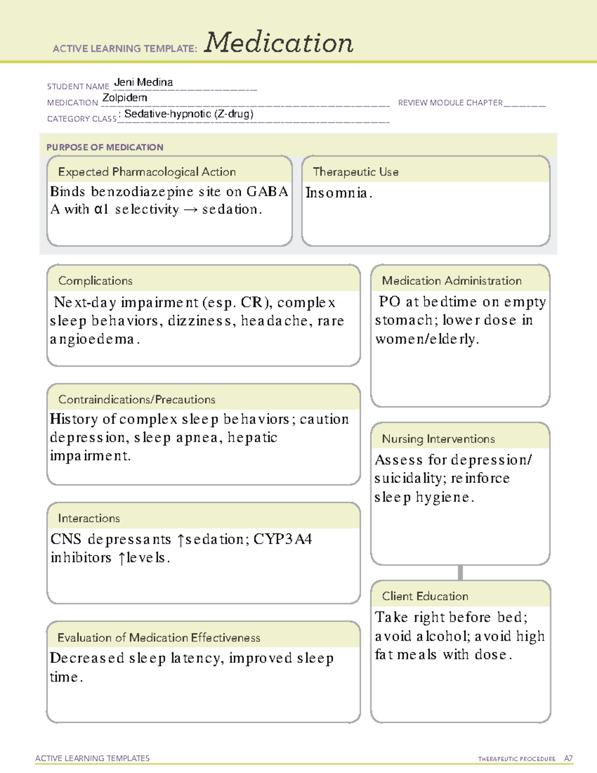 ACTIVE LEARNING TEMPLATE: Zolpidem Drug Card Review Module - Studocu