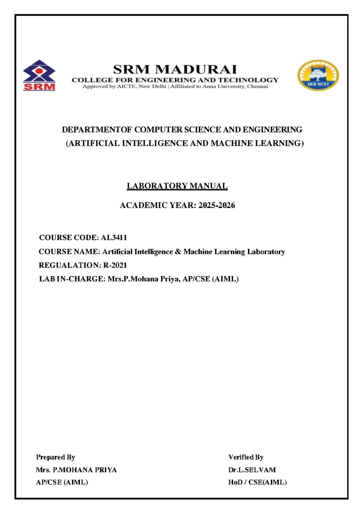 AI ML LAB Manual AL3411: Comprehensive Laboratory Guide - Studocu