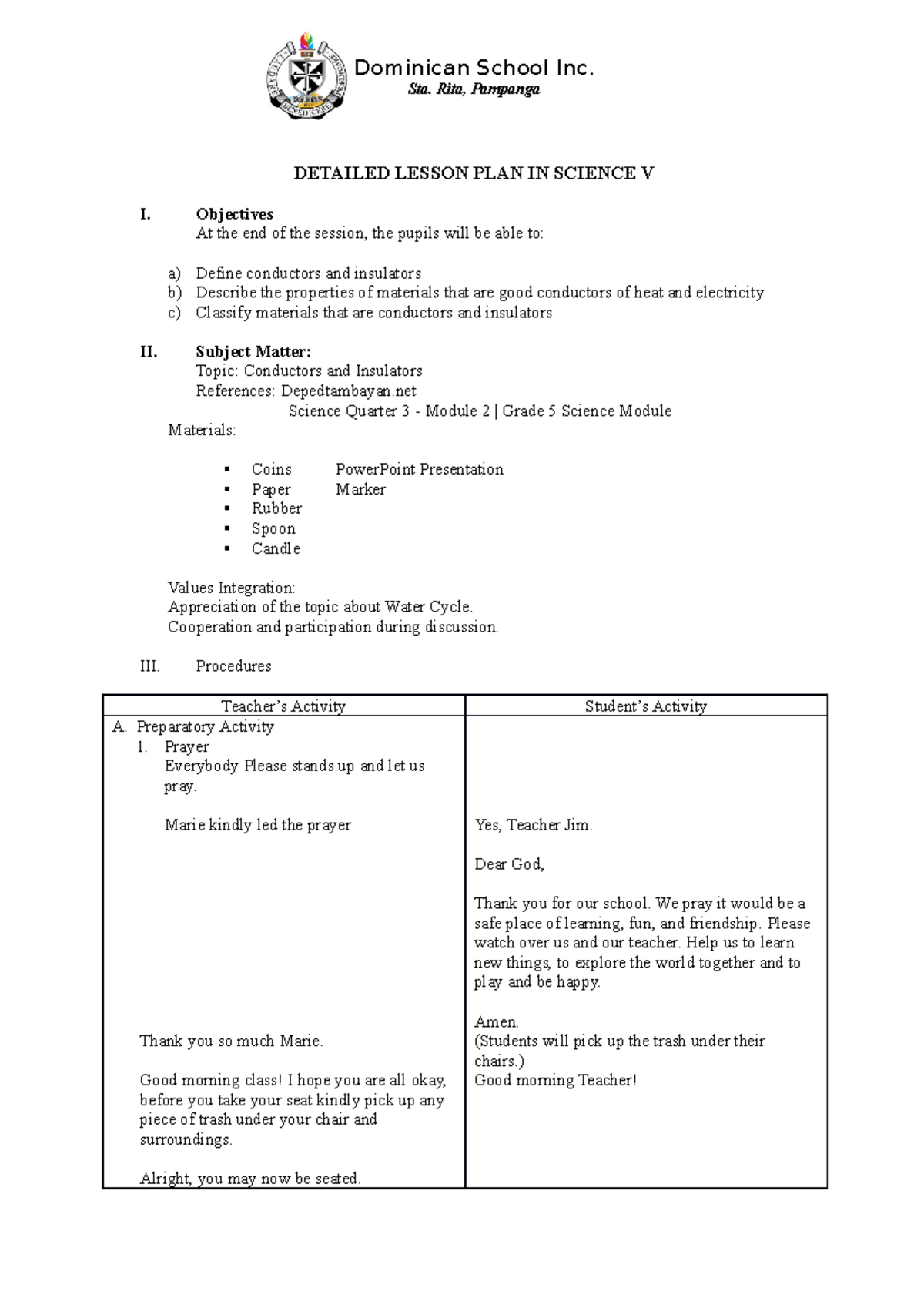 DLP - Conductors and Insulators Lesson Plan for Science V - Studocu