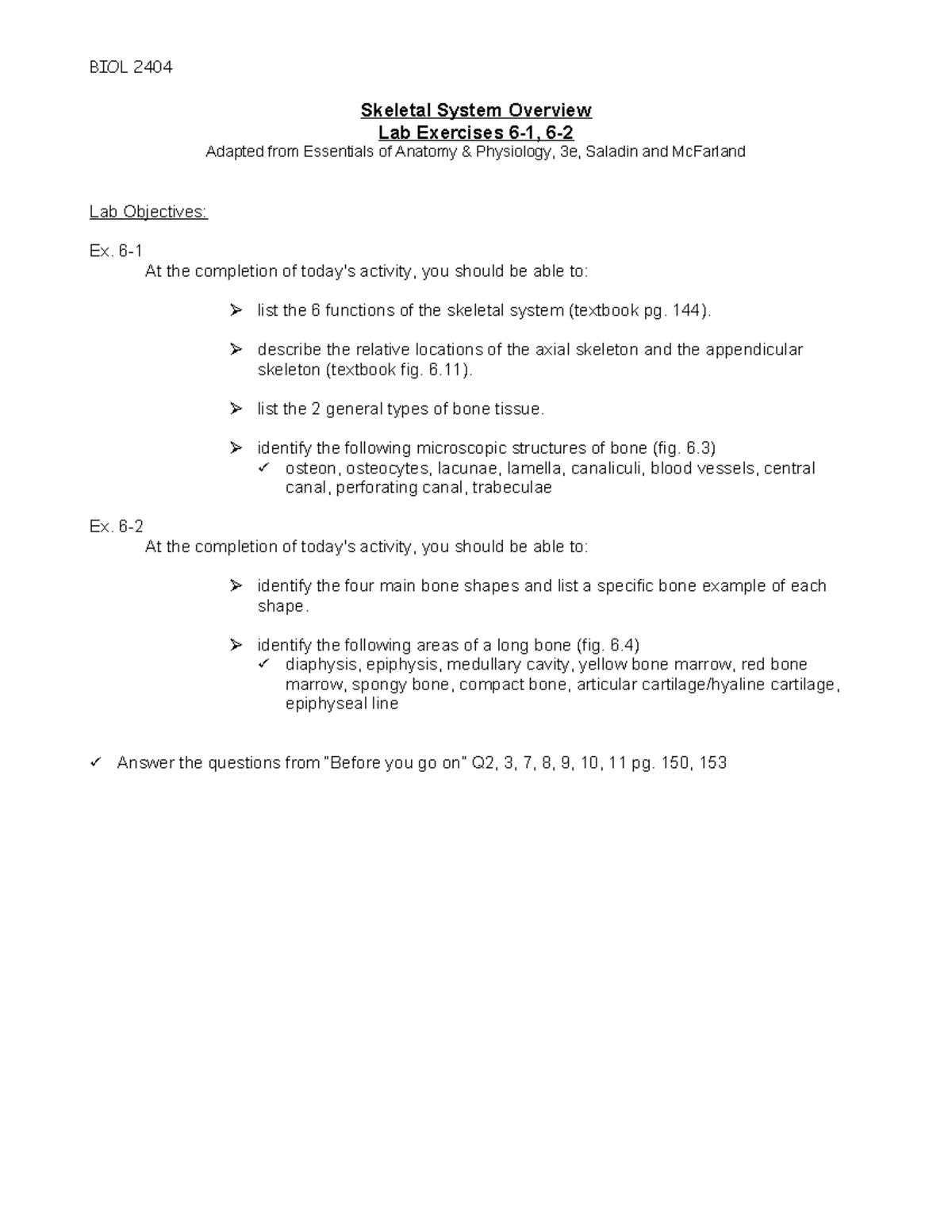 BIOL 2404 Skeletal System Lab Exercises Overview & Objectives - Studocu