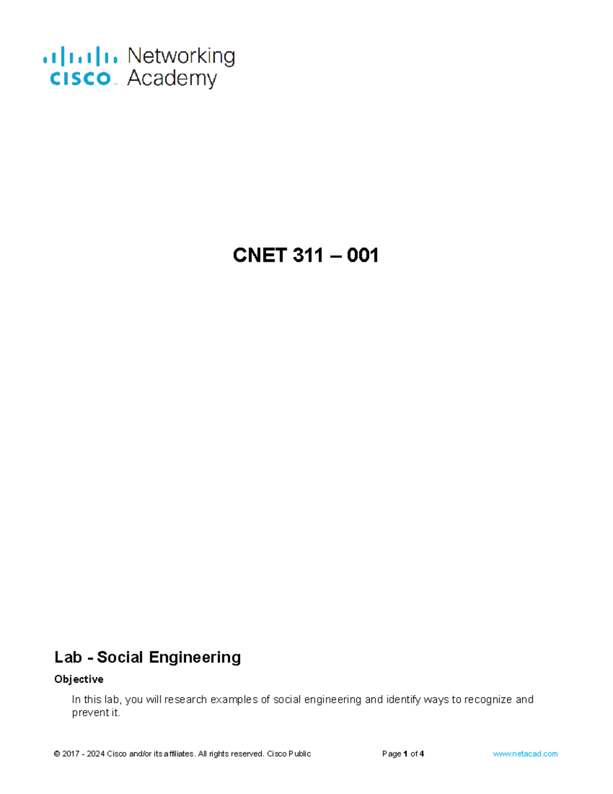 CNET 311 001 Lab: Understanding and Preventing Social Engineering - Studocu